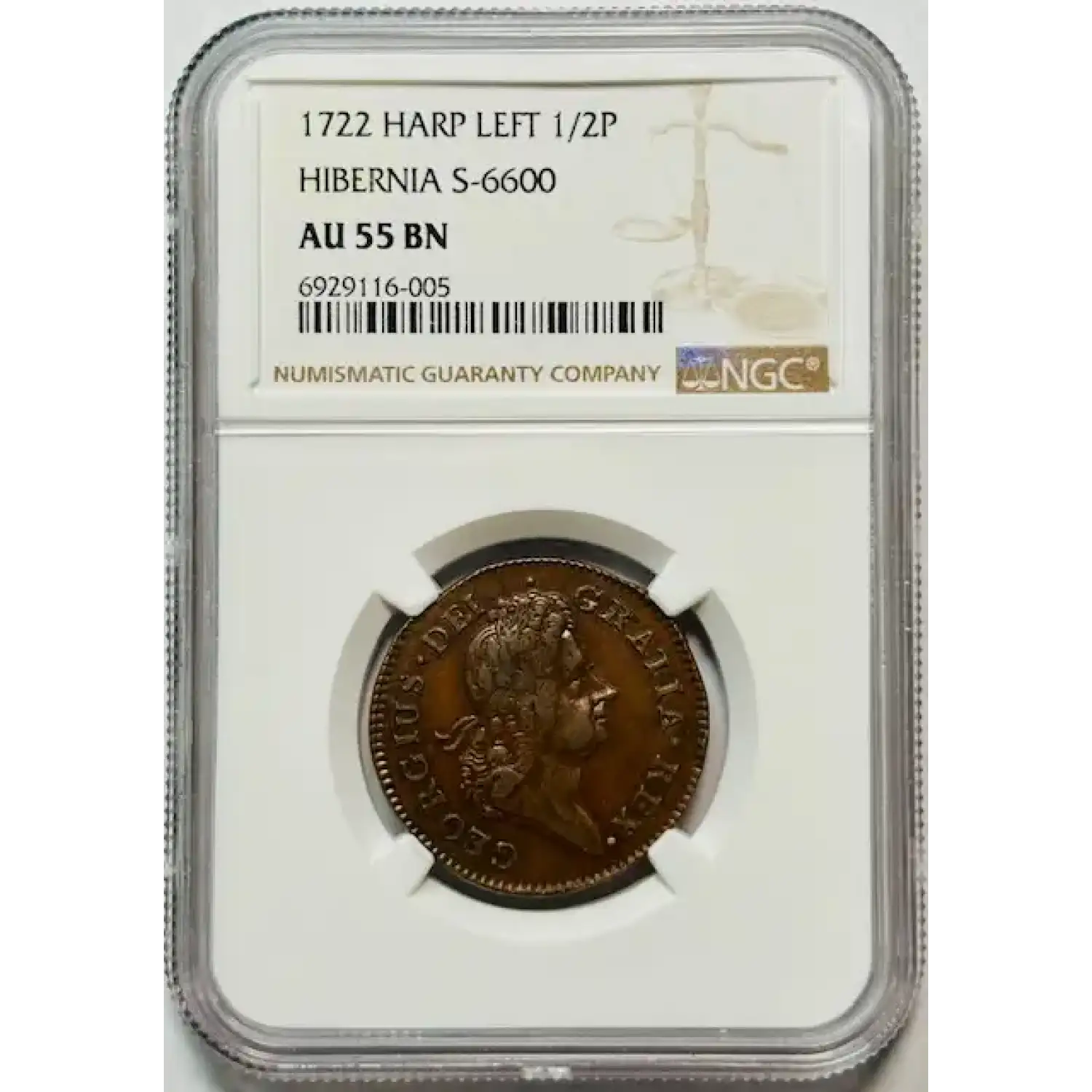 1722 Colonial Wood’s Hibernia Halfpenny NGC AU-55 BN Harp Left S-6600 ...