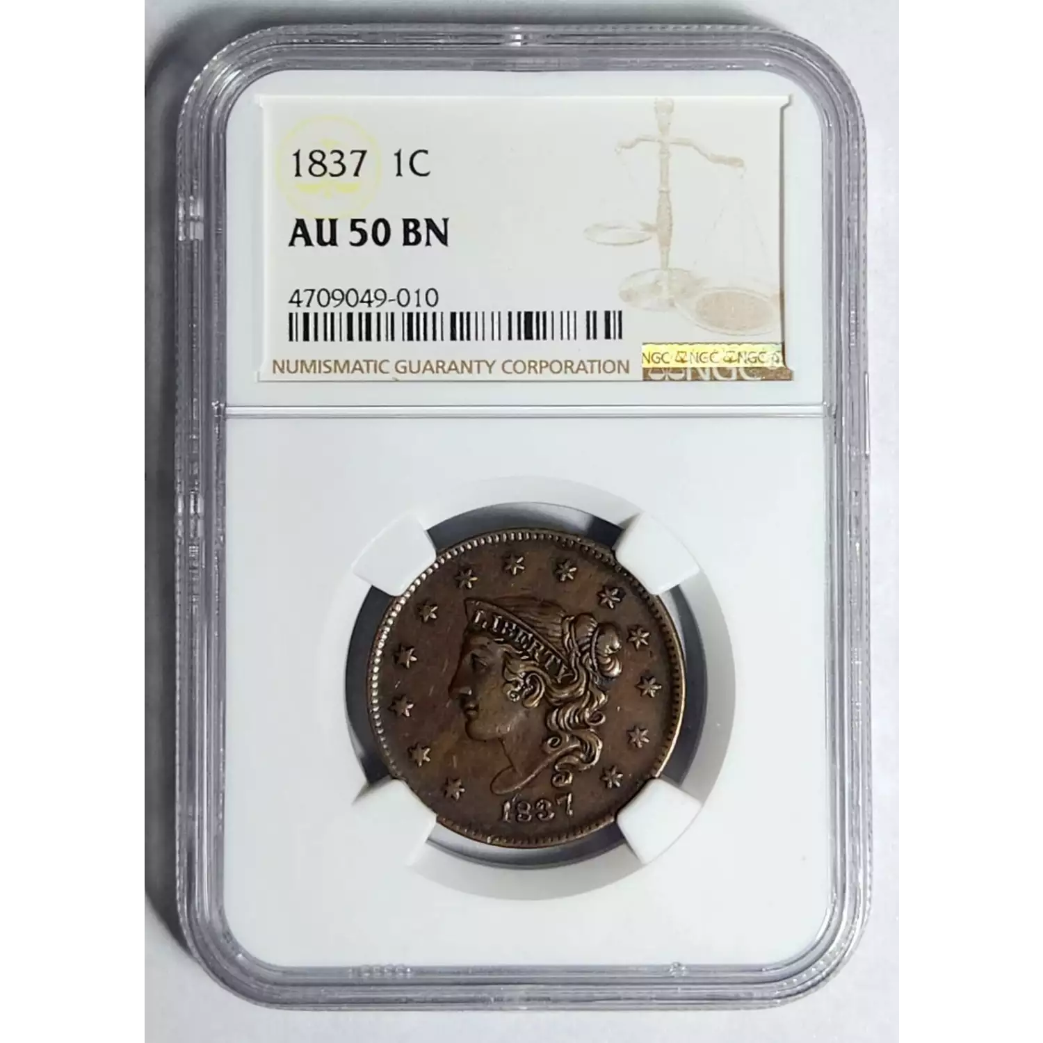 1837 Large Cents Coronet Head NGC AU-50 BN - Bob Paul Rare Coins