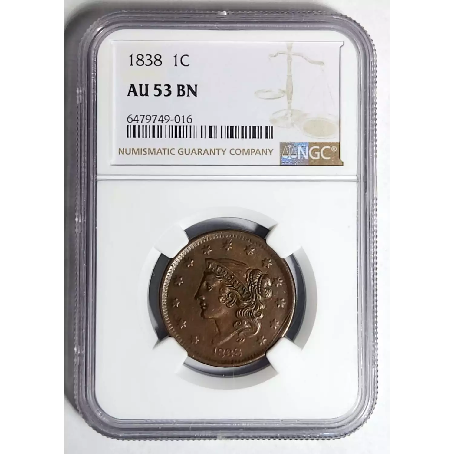 1838 Large Cents Coronet Head NGC AU-53 BN - Bob Paul Rare Coins