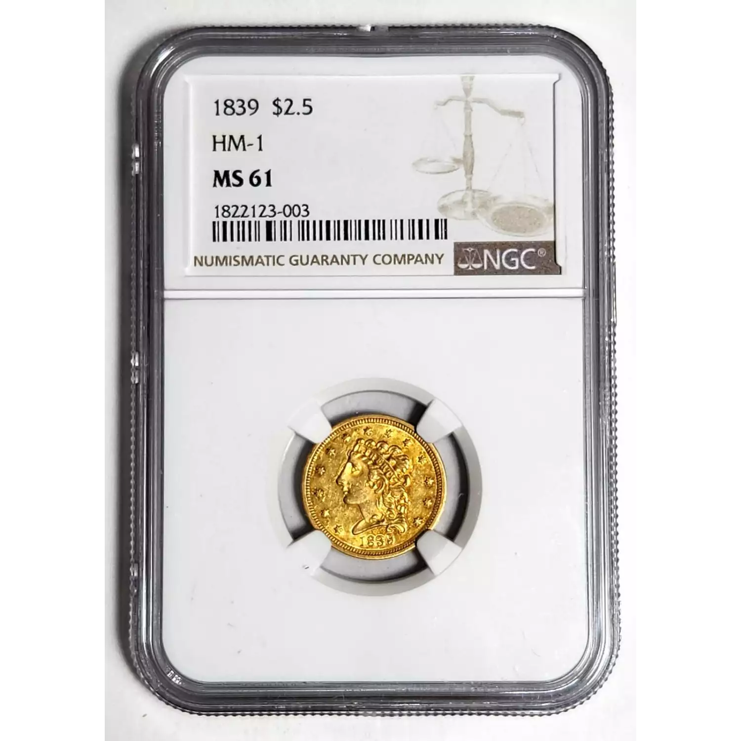 1839 Gold Quarter Eagles Classic Head, No Motto on Reverse NGC MS-61 HM-1 - Bob Paul Rare Coins