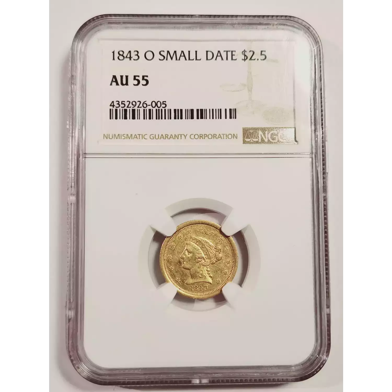 1843-O $2.50 Gold Liberty Head Quarter Eagle NGC AU-55 O - Bob Paul Rare Coins