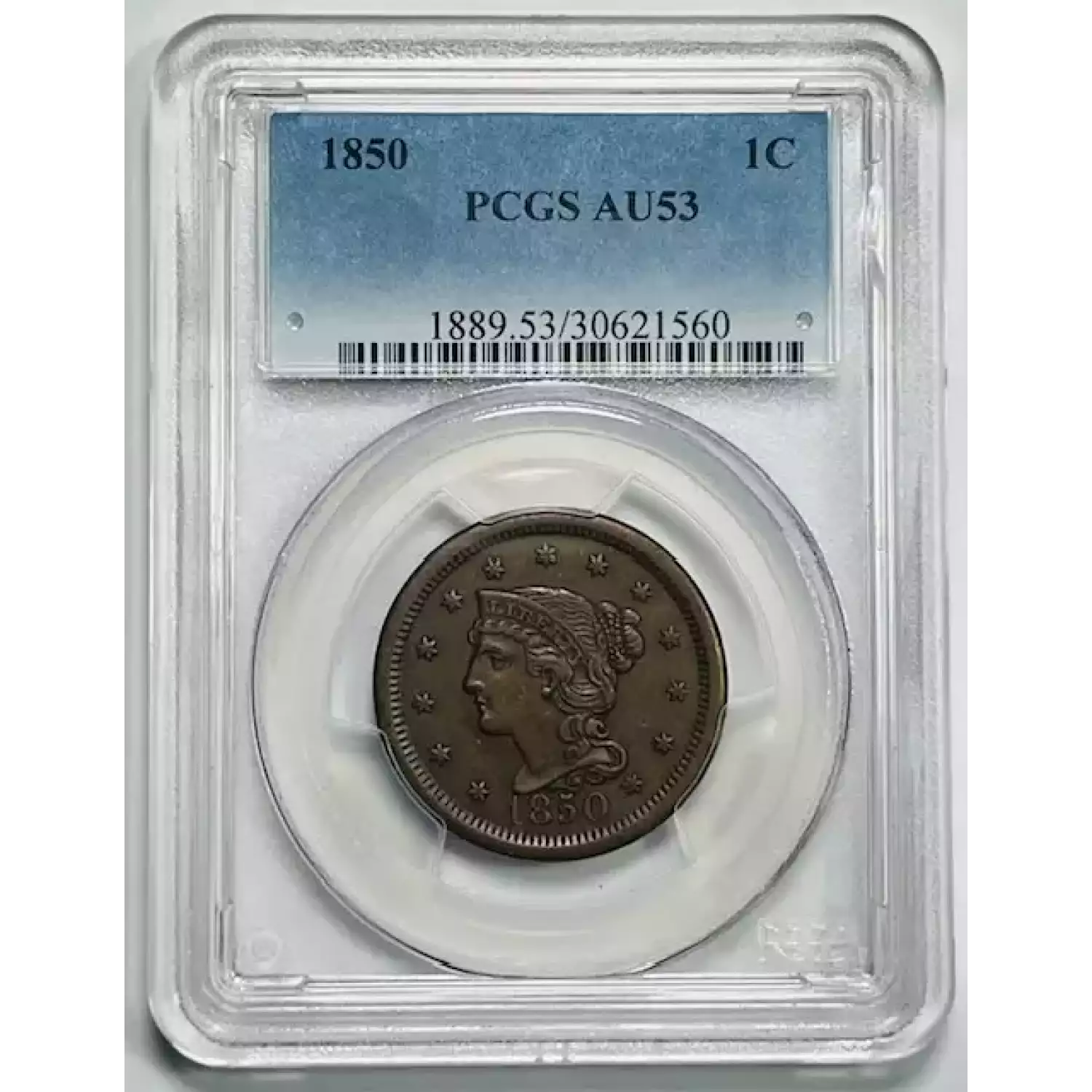 1850 Braided Hair Cent PCGS AU-53 BN Small chip holder - Bob Paul Rare ...