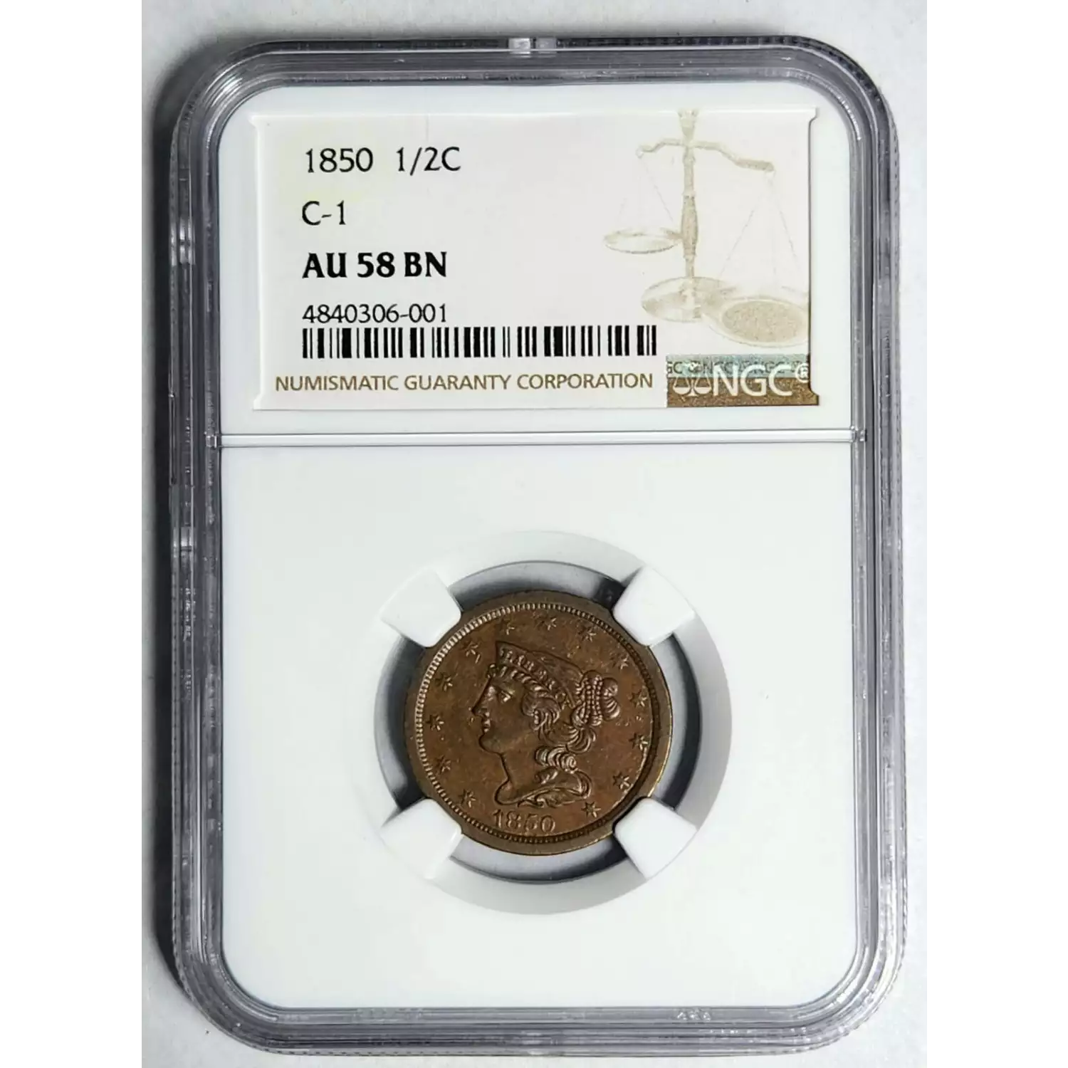 1850 Half Cents Braided Hair NGC AU-58 BN C-1 - Bob Paul Rare Coins