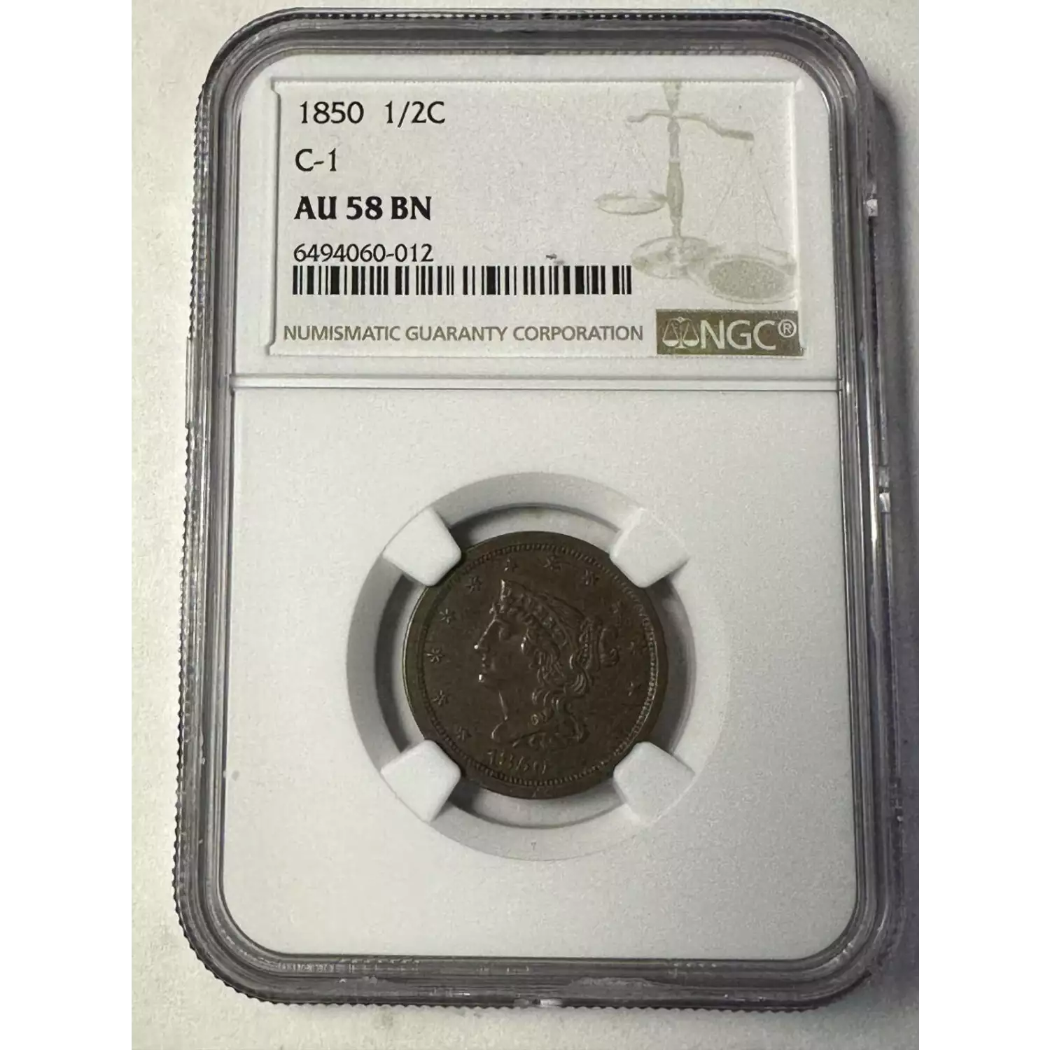 1850 Half Cents Braided Hair NGC AU-58 BN C-1 - Bob Paul Rare Coins