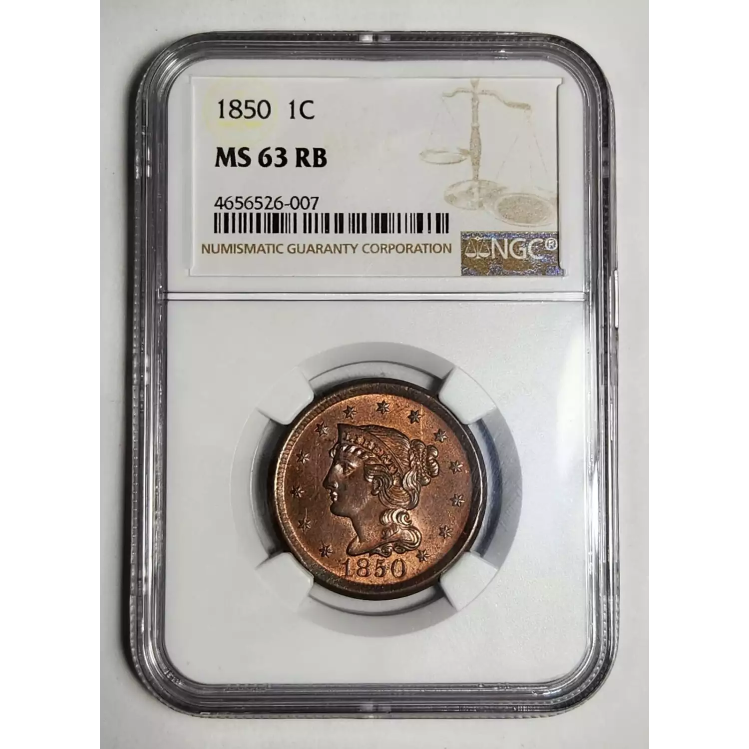 1850 Braided Hair Cent NGC MS-63 RB - Bob Paul Rare Coins