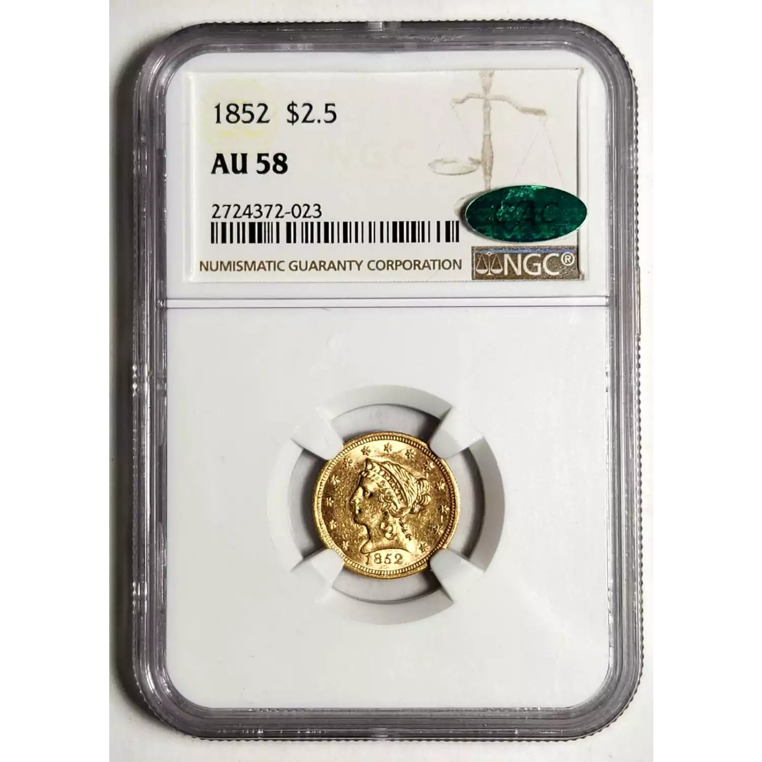 1852 $2.50 Gold Liberty Head Quarter Eagle NGC AU-58 - CAC CAC - Bob Paul Rare Coins
