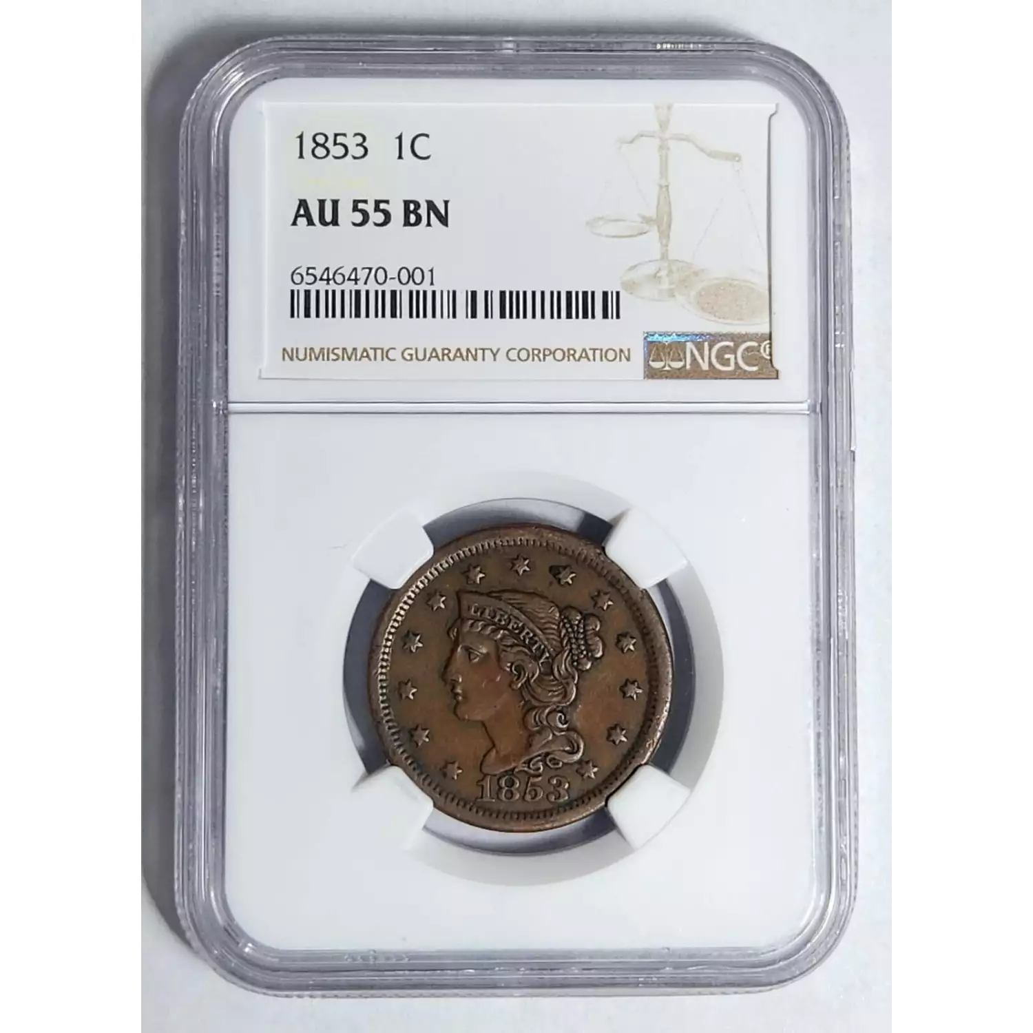 1853 Braided Hair Cent NGC AU-55 BN - Bob Paul Rare Coins