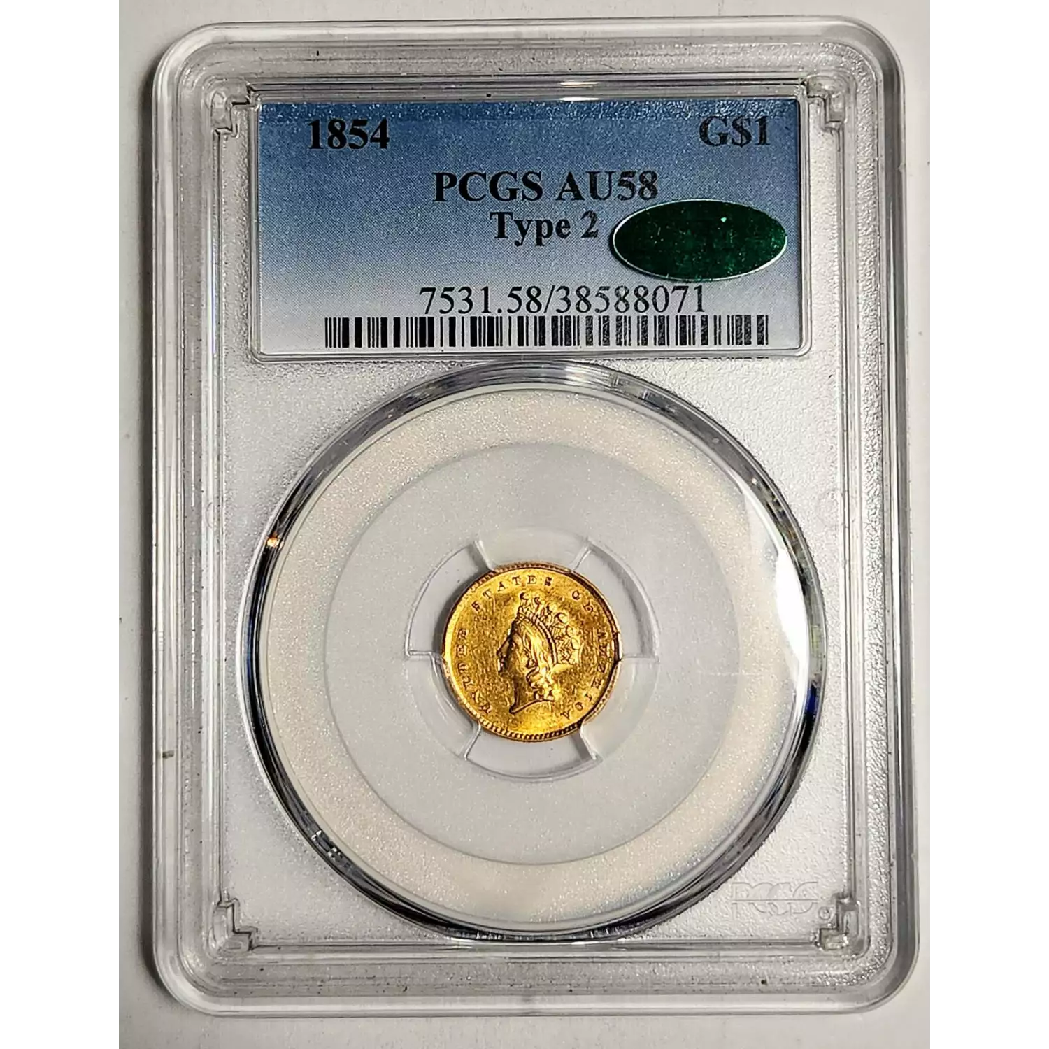 1854 Gold Dollars Indian Princess Head, Small Head PCGS AU-58 Type 2 - CAC CAC - Bob Paul Rare Coins