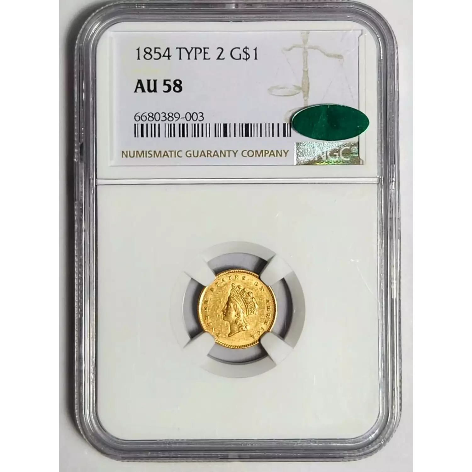 1854 Gold Dollars Indian Princess Head, Small Head NGC AU-58 - CAC CAC - Bob Paul Rare Coins
