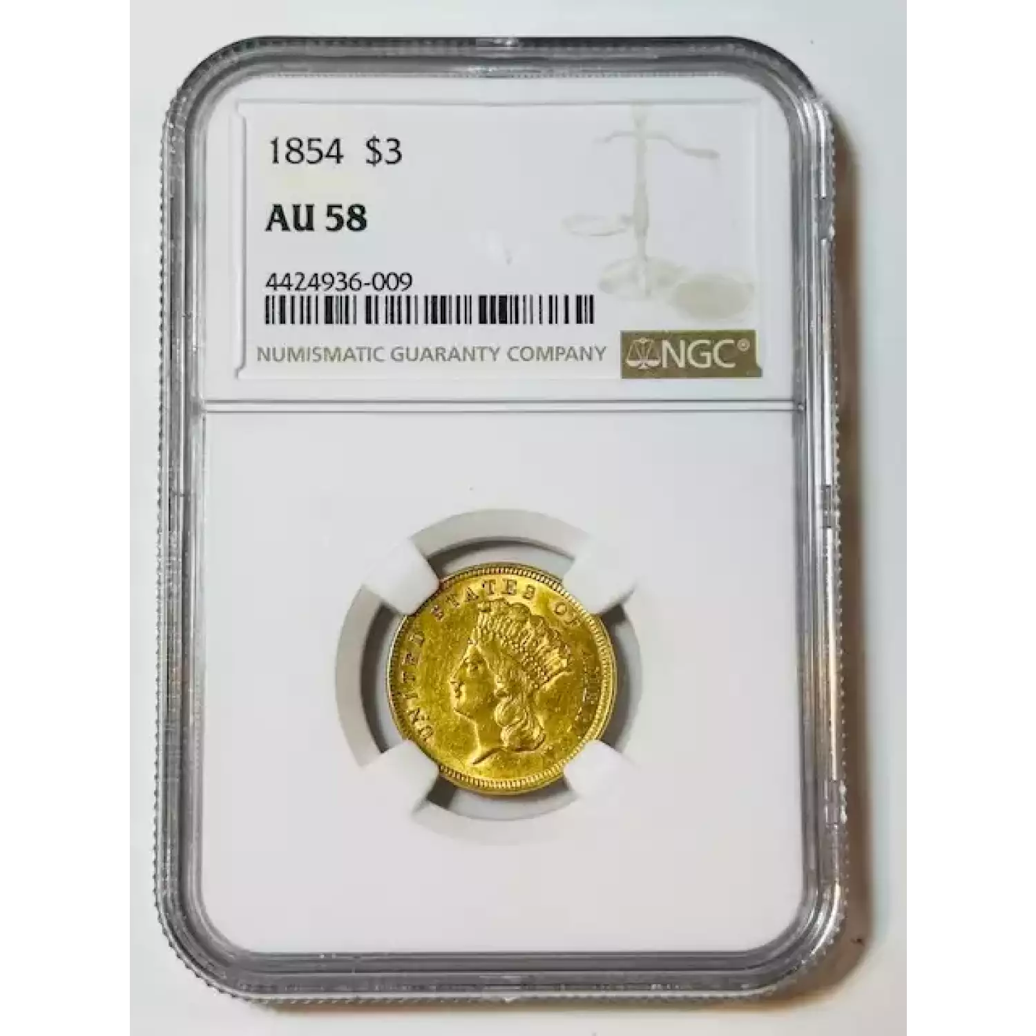 1854 Gold Three Dollars $3 Indian Princess Head NGC AU-58 - Bob Paul Rare Coins
