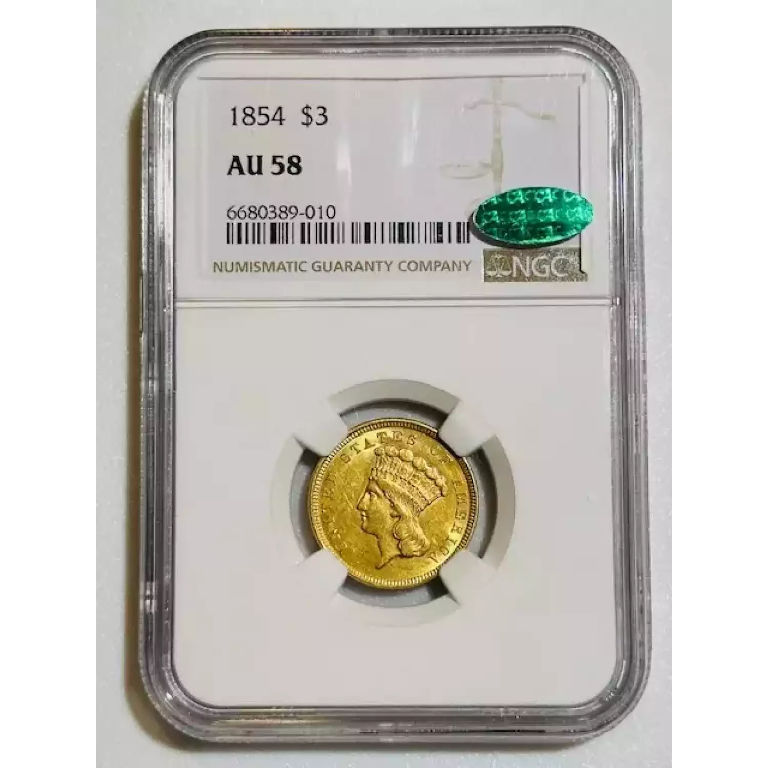 1854 Gold Three Dollars $3 Indian Princess Head NGC AU-58 CAC - Bob Paul Rare Coins