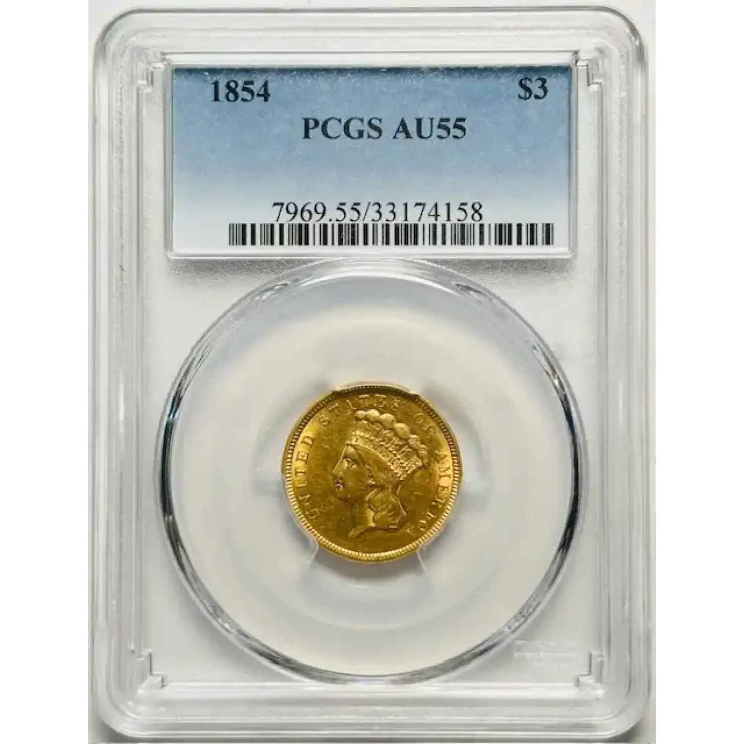 1854 Gold Three Dollars $3 Indian Princess Head PCGS AU-55 - Bob Paul Rare Coins