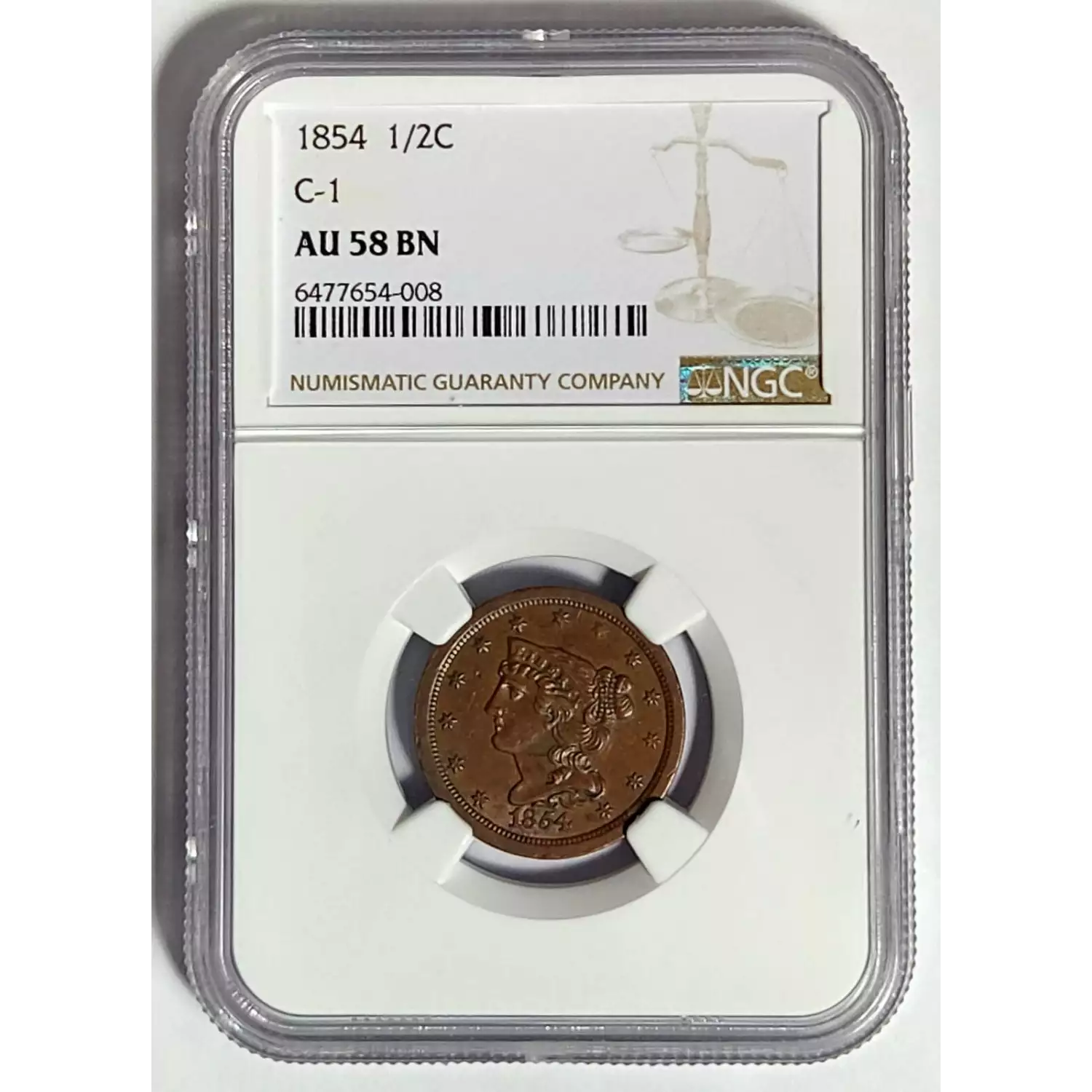 1854 Half Cents Braided Hair NGC AU-58 BN C-1 - Bob Paul Rare Coins