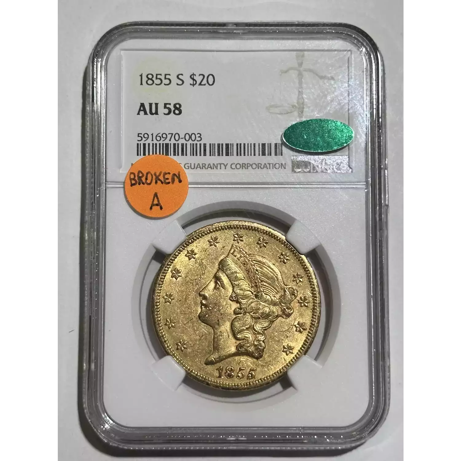 1855-S Double Eagles Liberty Head NGC AU-58 Broken A CAC - Bob Paul Rare Coins