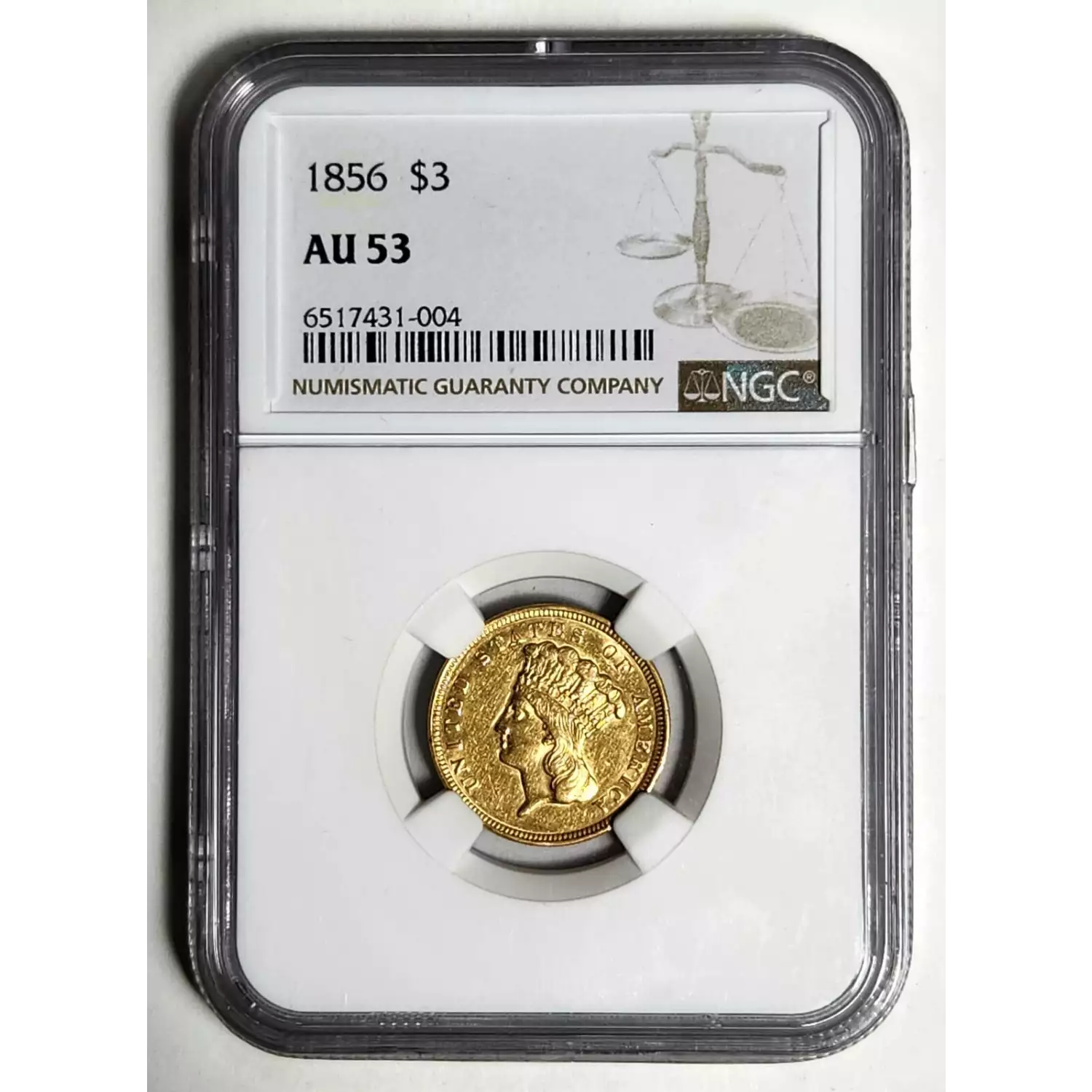 1856 Gold Three Dollars $3 Indian Princess Head NGC AU-53 - Bob Paul Rare Coins