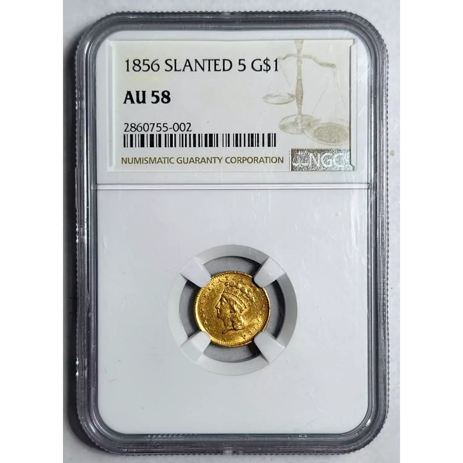 1856 Indian Princess Large Head Gold Dollar NGC AU-58 - SLANTED 5 - Bob ...