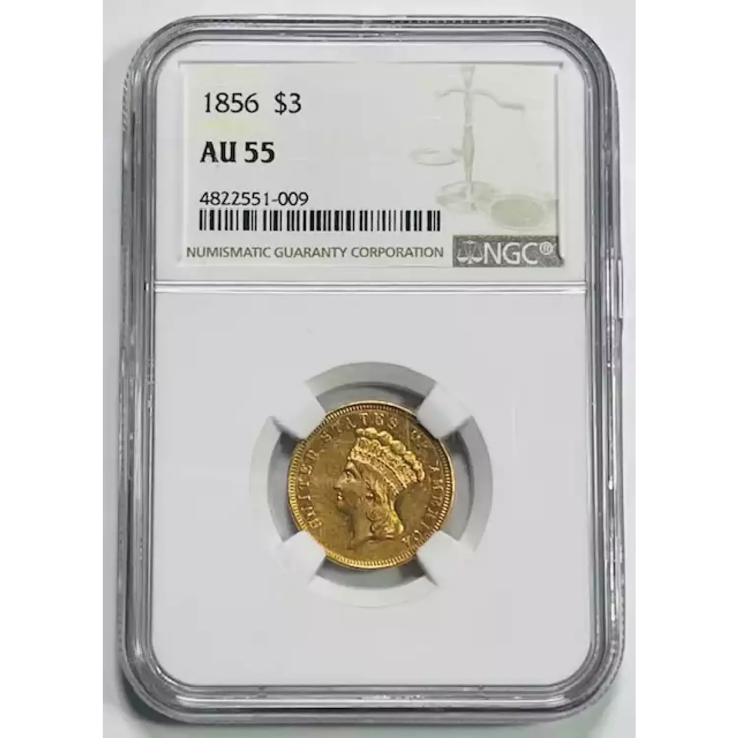 1856 Gold Three Dollars $3 Indian Princess Head NGC AU-55 - Bob Paul Rare Coins