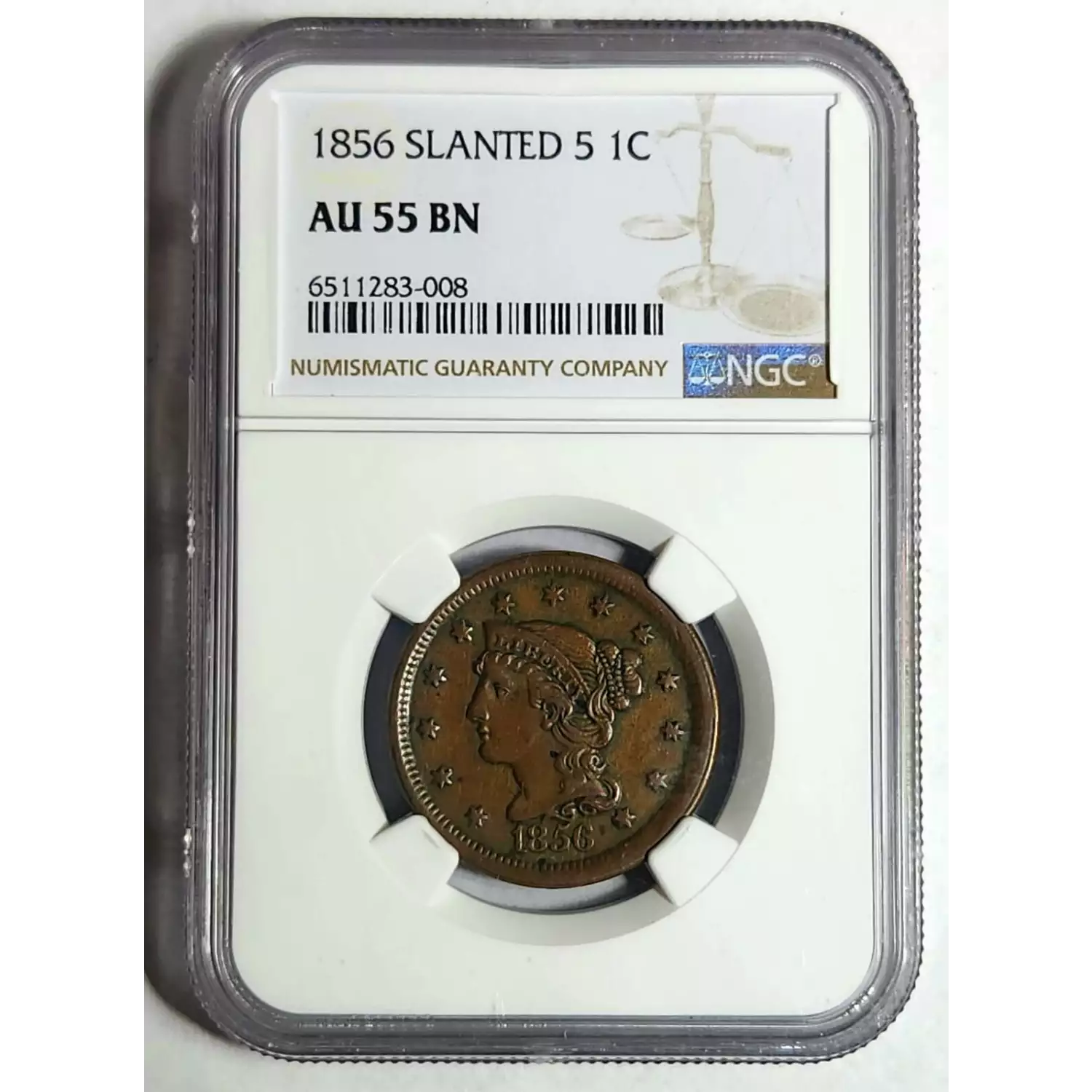 1856 Braided Hair Cent NGC AU-55 BN - SLANTED 5 - Bob Paul Rare Coins
