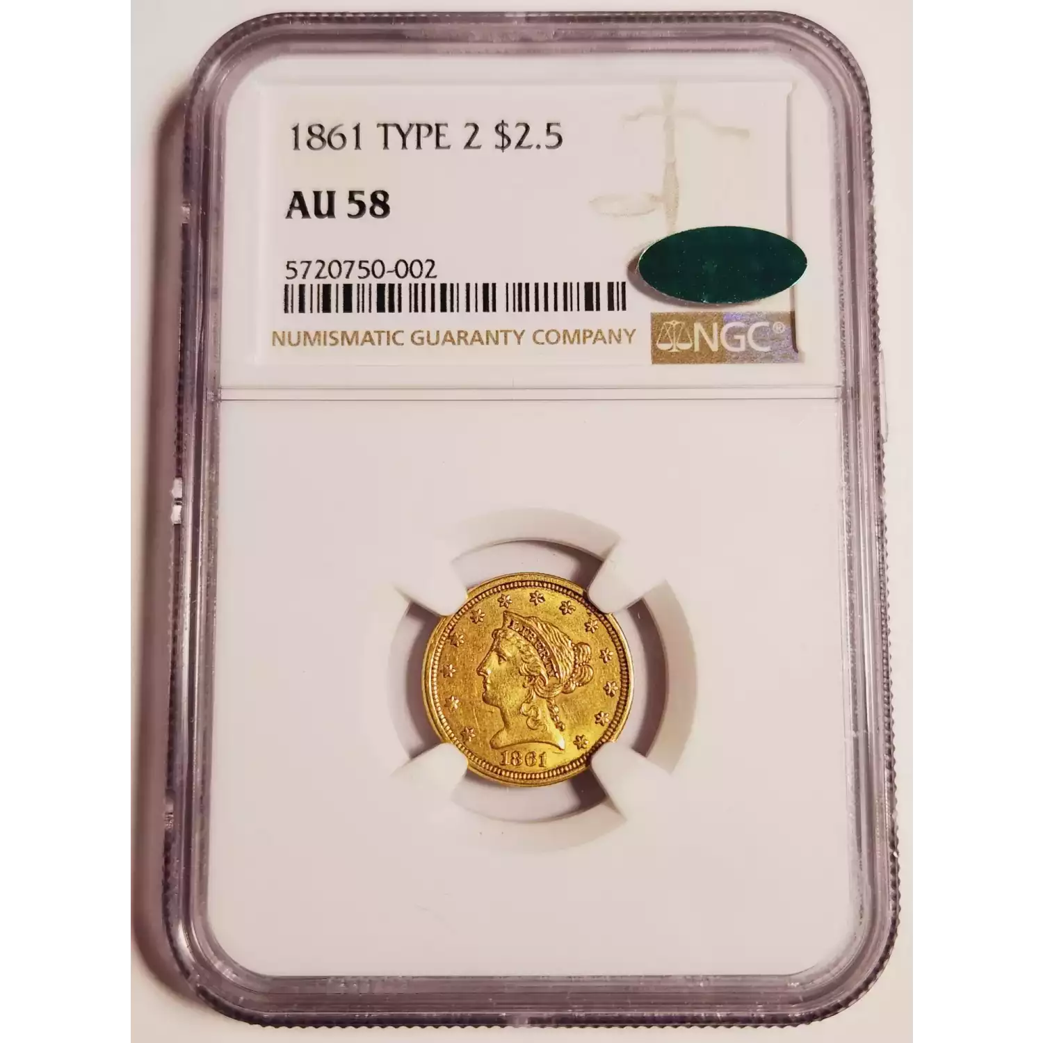 1861-P Type 2 $2.50 Gold Liberty Head Quarter Eagle NGC AU-58 CAC - Bob Paul Rare Coins