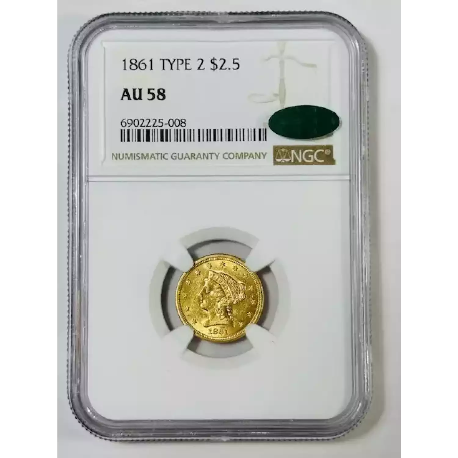 1861 $2.50 Gold Liberty Head Quarter Eagle NGC AU-58 Type 2 Great Date! Low CAC Population CAC ...