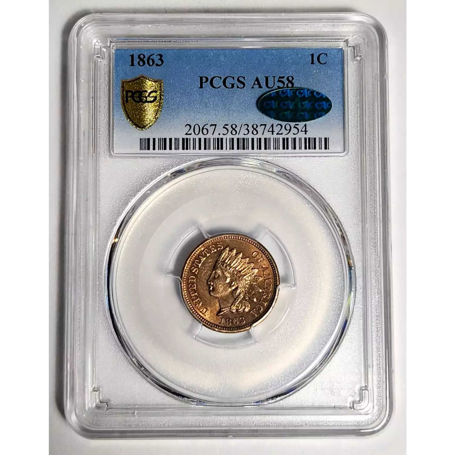 1863 Small Cents Indian Head PCGS AU-58 - CAC CAC - Bob Paul Rare Coins