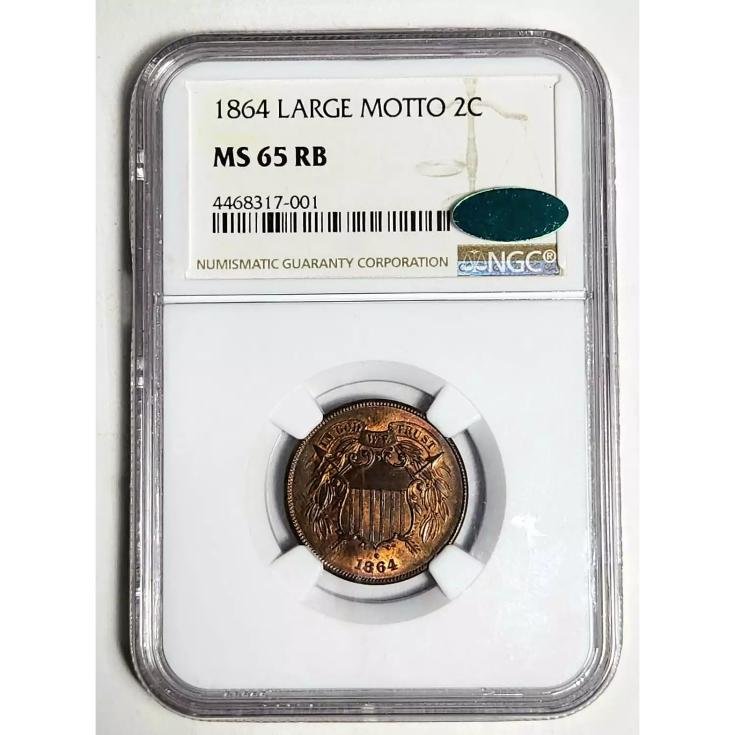 1864 Two cent piece NGC MS-65 RB - LARGE MOTTO - ROTATED CAC - Bob Paul Rare Coins