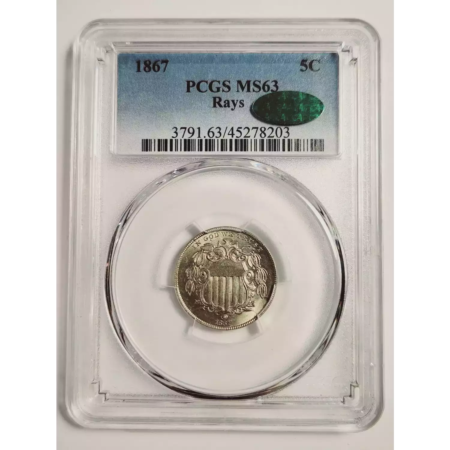 1867 Nickel Shield PCGS MS-63 Rays CAC - Bob Paul Rare Coins