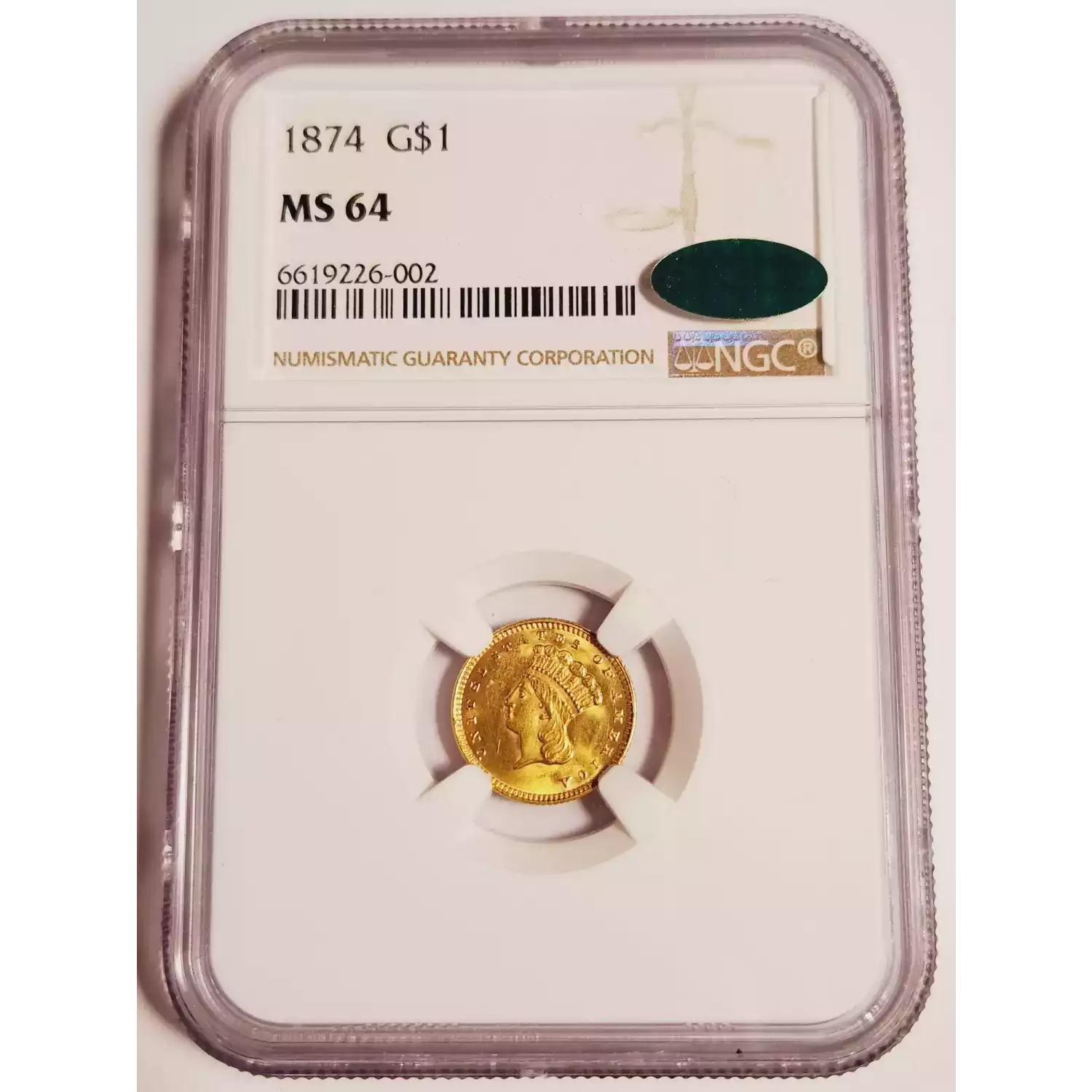 1874 Indian Princess Large Head Gold Dollar NGC MS-64 - PQ CAC - Bob ...