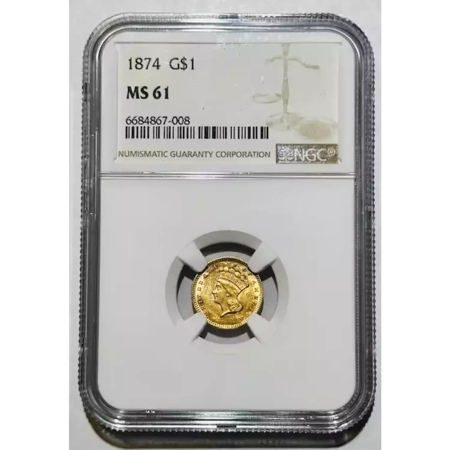 1874 Indian Princess Large Head Gold Dollar NGC MS-61 - Bob Paul Rare Coins