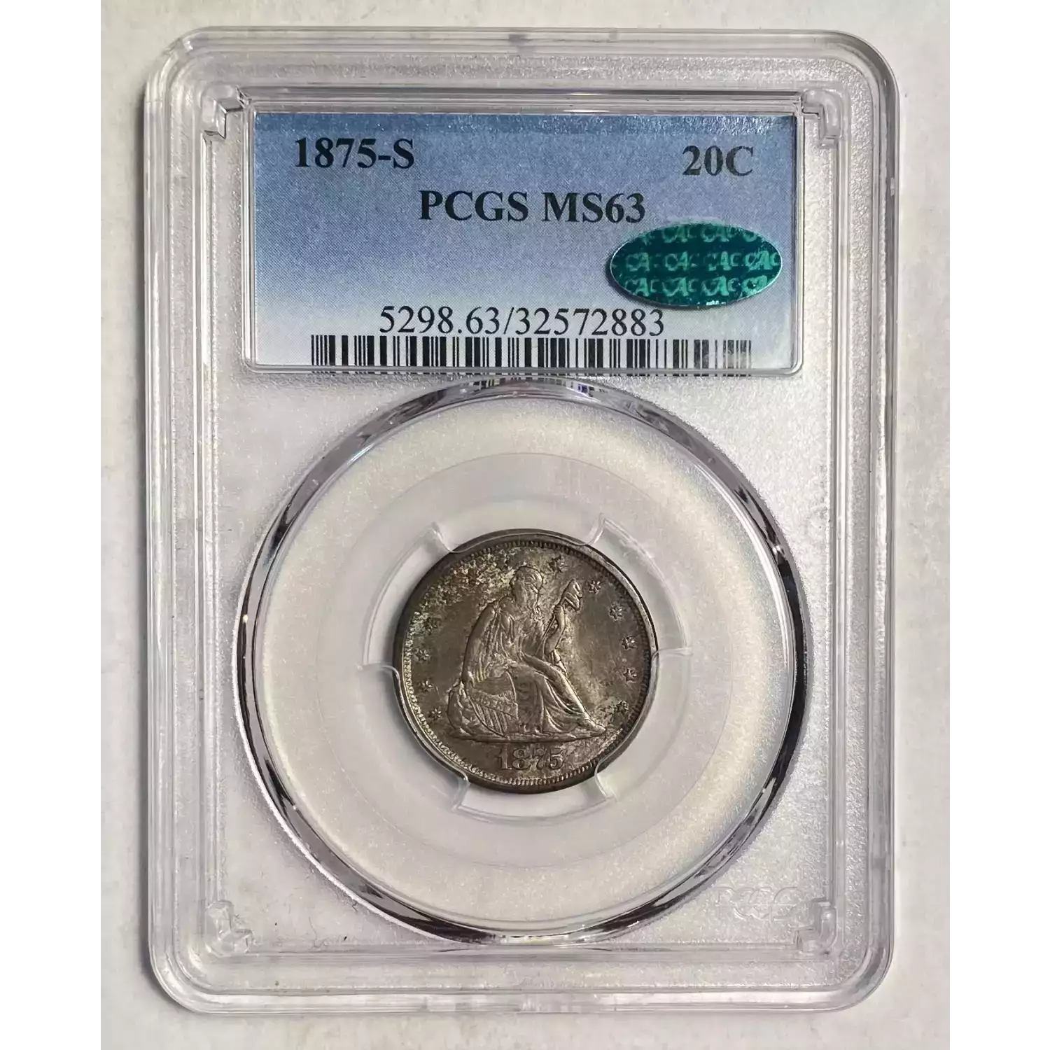 1875-S Seated Liberty Twenty Cents PCGS MS-63 CAC - Bob Paul Rare Coins