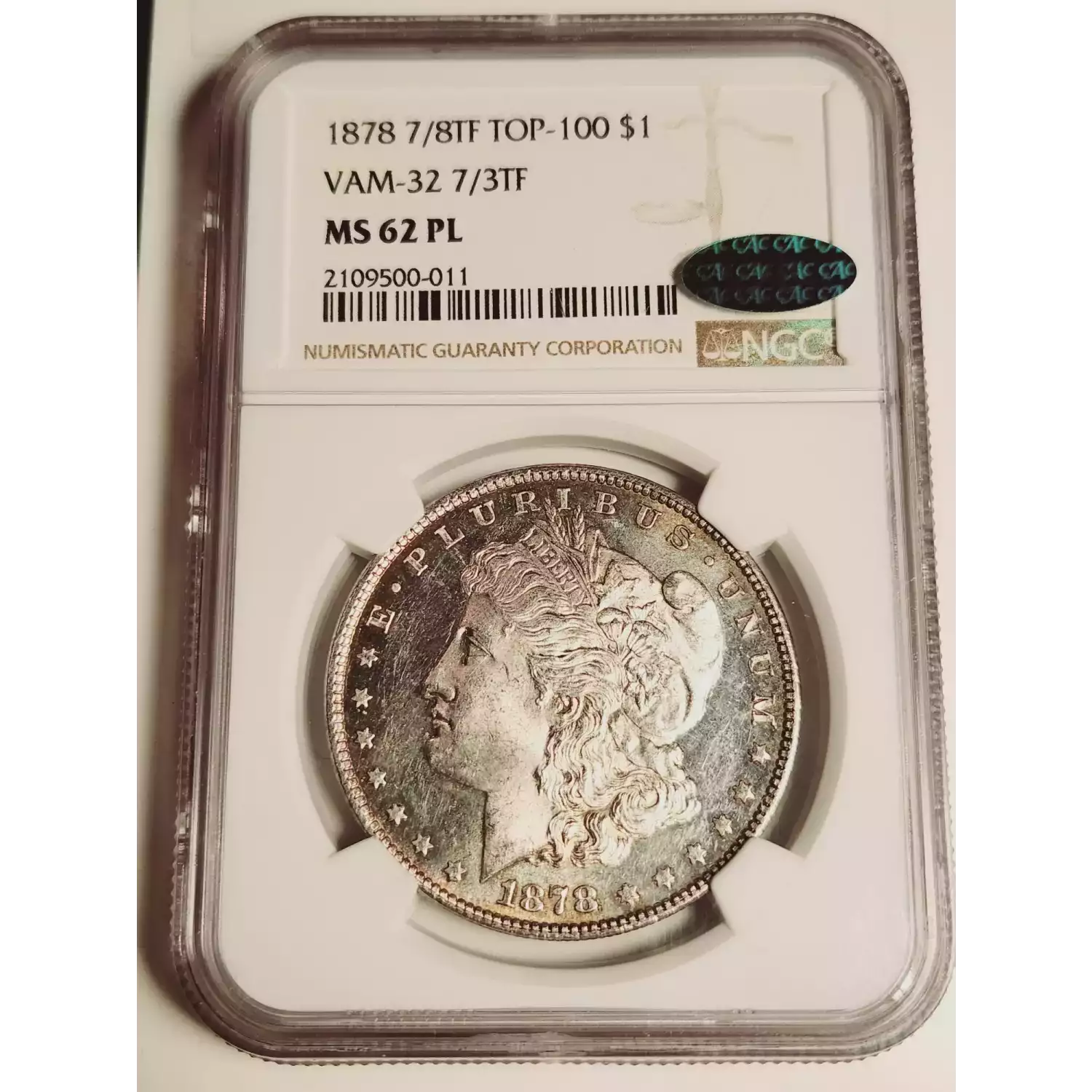 1878-P 7/8TF Morgan Silver Dollar NGC MS-62 PL VAM-32 7/3TF - Top 100 CAC - Bob Paul Rare Coins