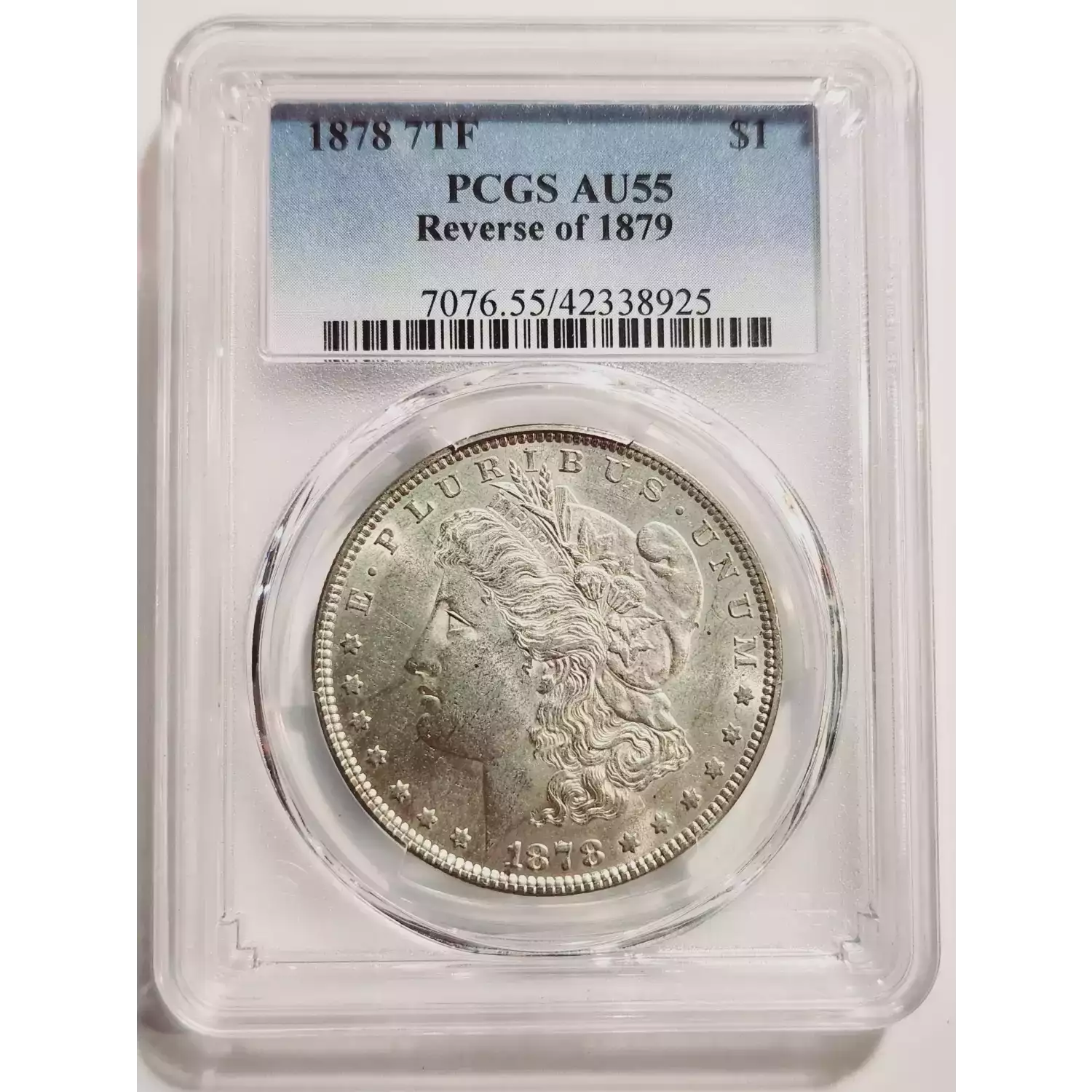 1878 Morgan Silver Dollar PCGS AU-55 7TF, Reverse of 1879 - WHITE - Bob Paul Rare Coins