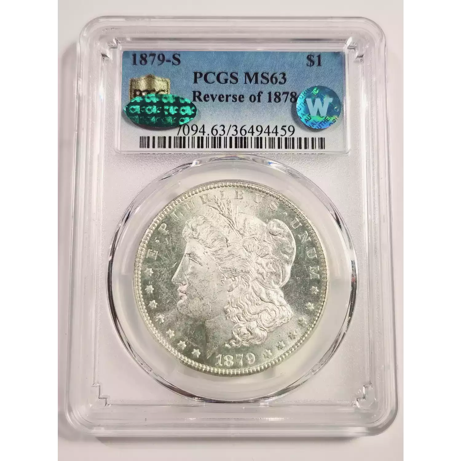 1879-S Morgan Silver Dollar PCGS MS-63 - Reverse of 1878 CAC, Sight White - Bob Paul Rare Coins