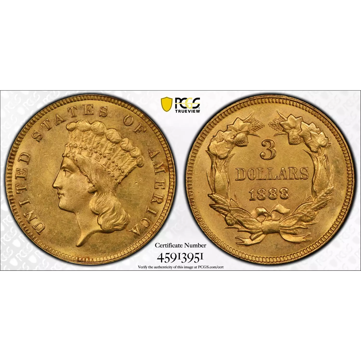 1888 Gold Three Dollars $3 Indian Princess Head PCGS MS-61 - Bob Paul Rare Coins
