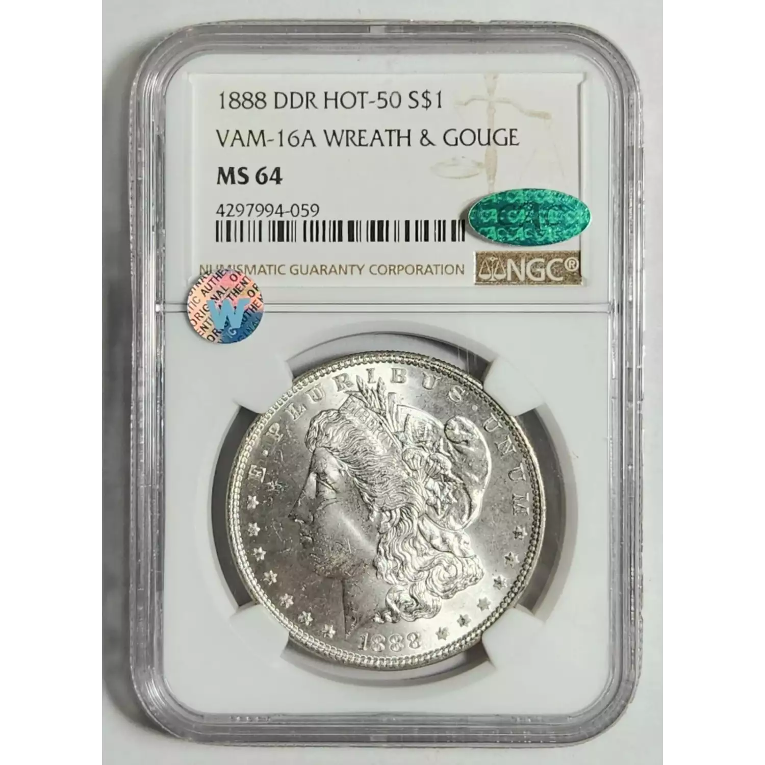 1888 Morgan Silver Dollar NGC MS-64 VAM-16 DDR WREATH & GOUGE - HOT 50 CAC, Sight White - Bob ...