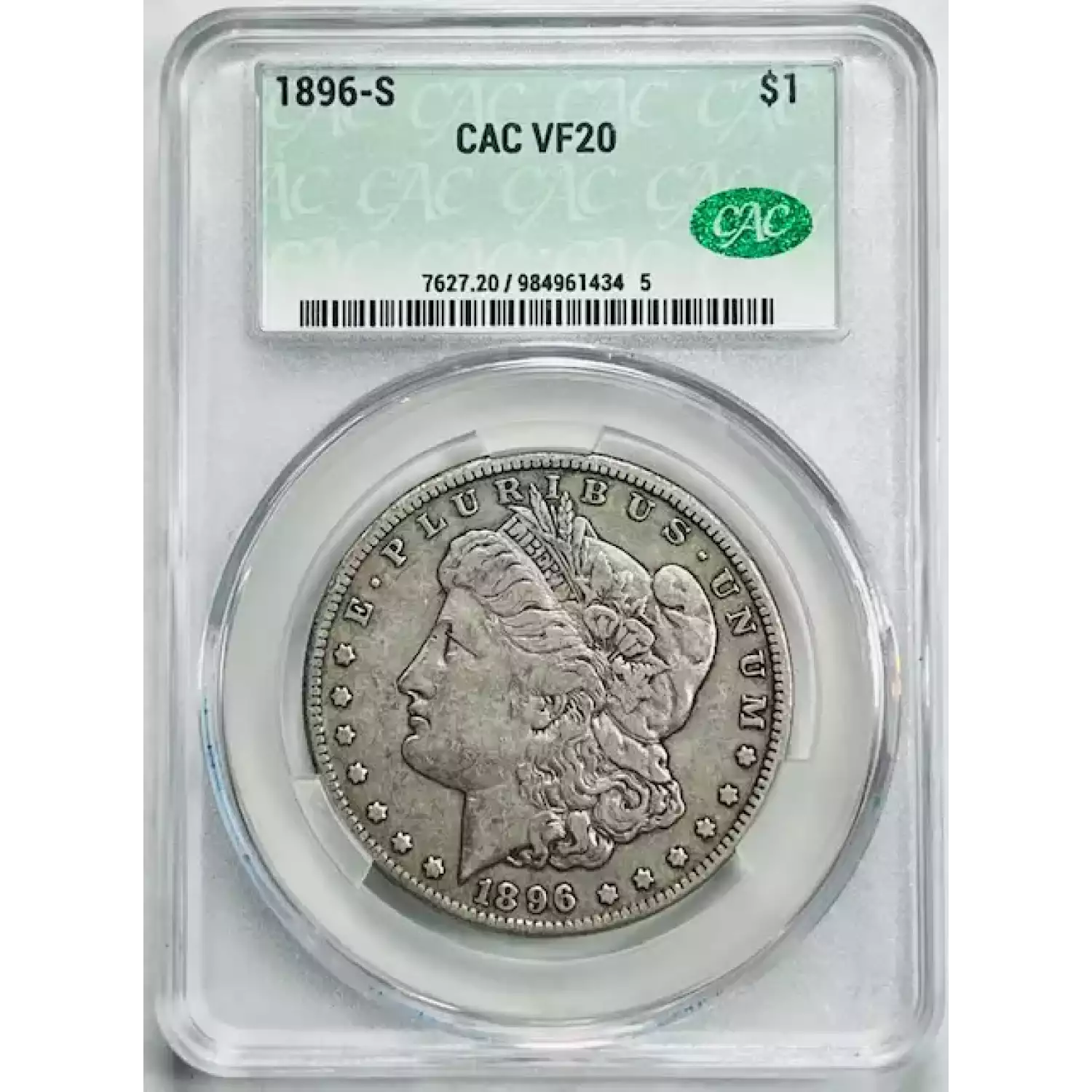 1896-S Morgan Silver Dollar CACG VF 20 CAC - Bob Paul Rare Coins