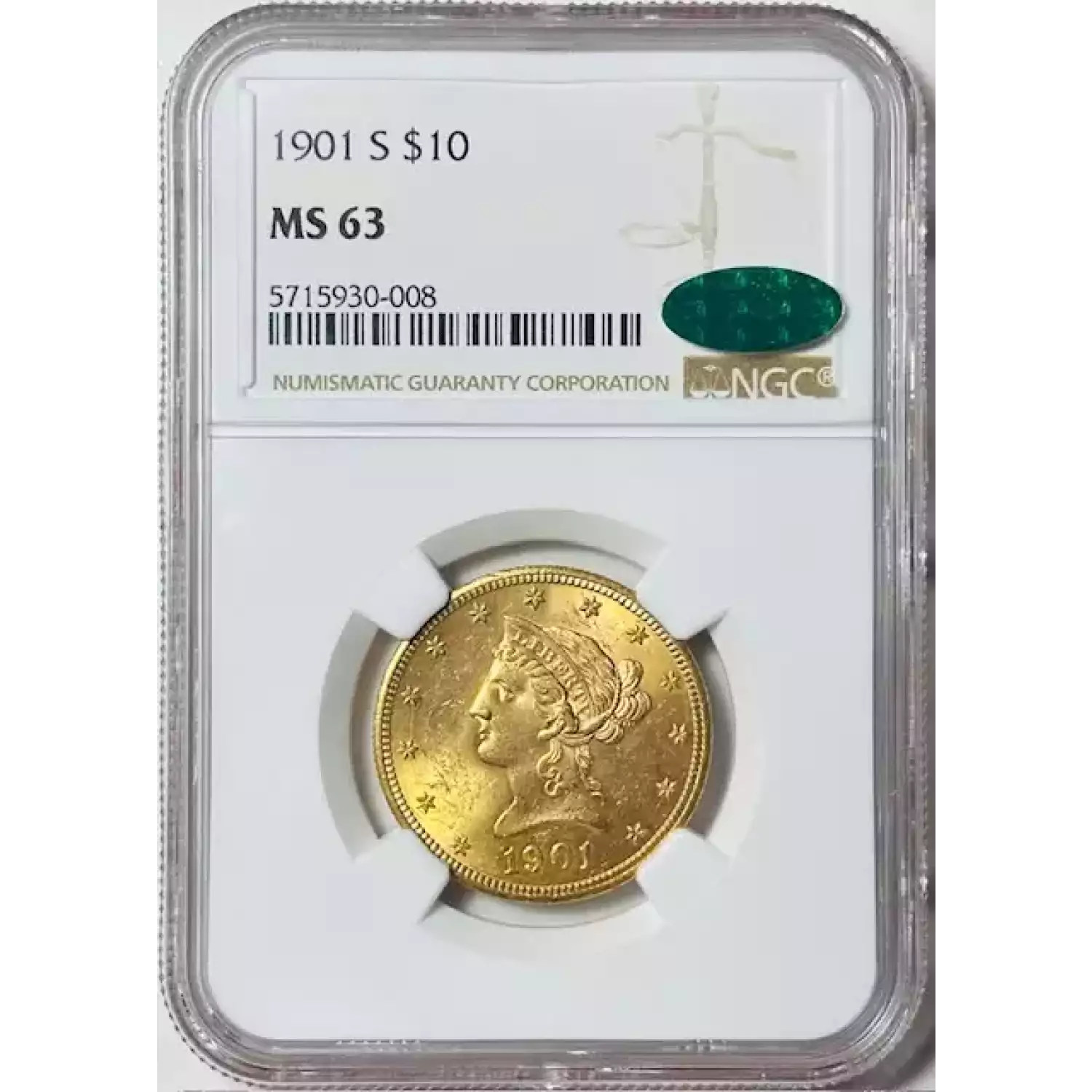 1901-S Gold Eagles Liberty Head NGC MS-63 Low CAC Population! CAC - Bob Paul Rare Coins