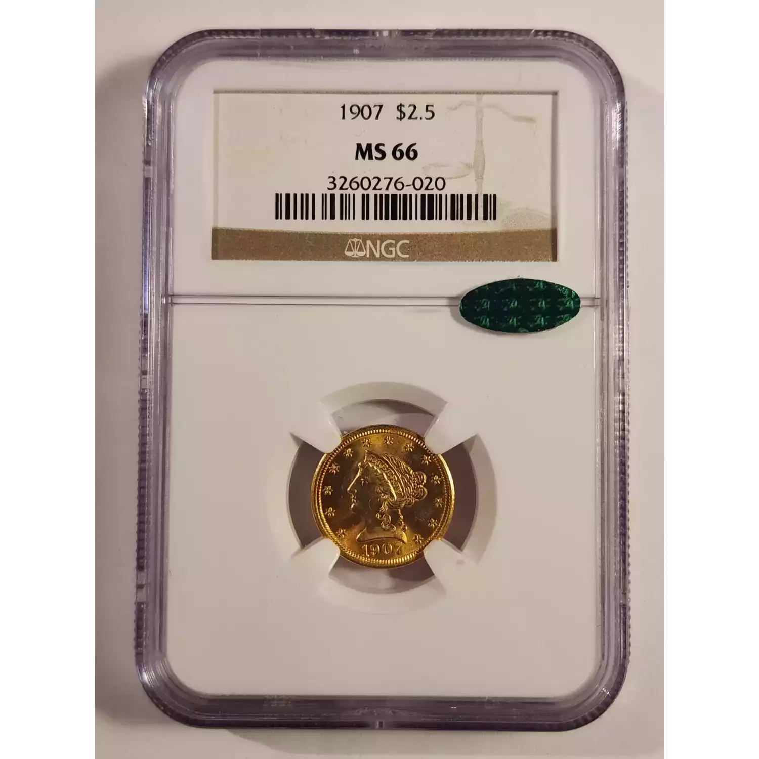1907 $2.50 Gold Liberty Head Quarter Eagle NGC MS-66 CAC - Bob Paul Rare Coins