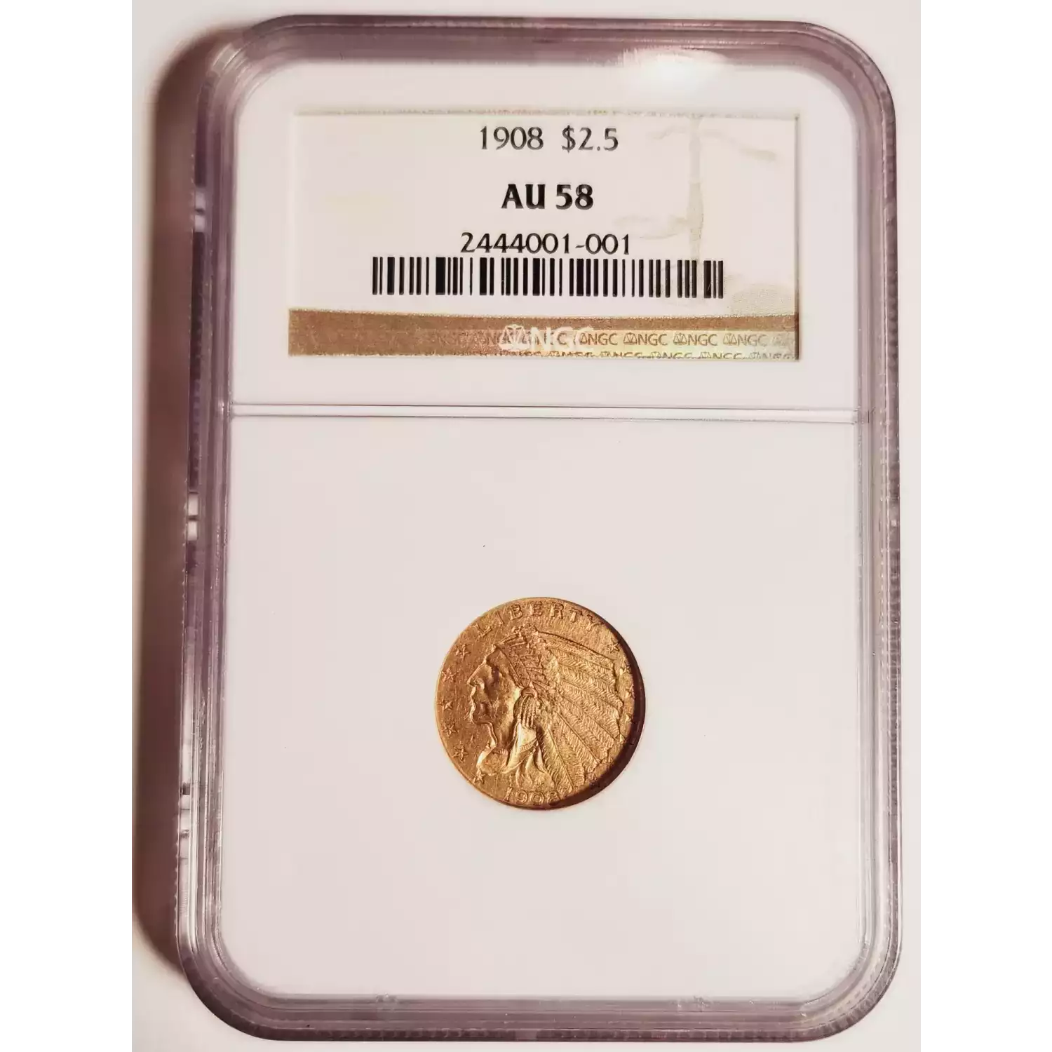 1908 Gold Quarter Eagles $2 1/2 Indian Head NGC AU-58 - Bob Paul Rare Coins