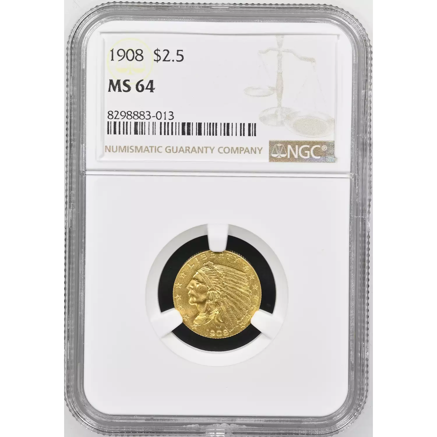 1908 Gold Quarter Eagles $2 1/2 Indian Head NGC MS-64 - Bob Paul Rare Coins