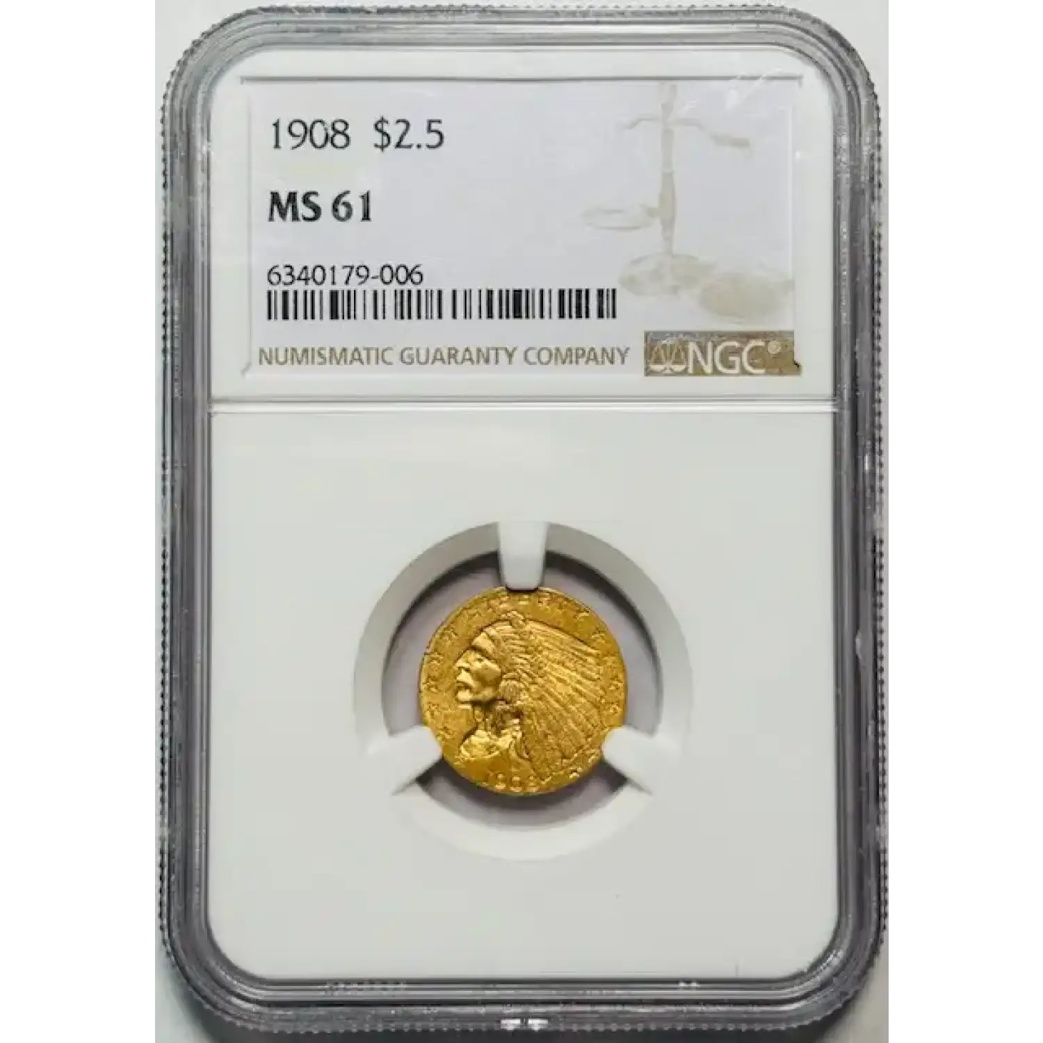 1908 Gold Quarter Eagles $2 1/2 Indian Head NGC MS-61 - Bob Paul Rare Coins