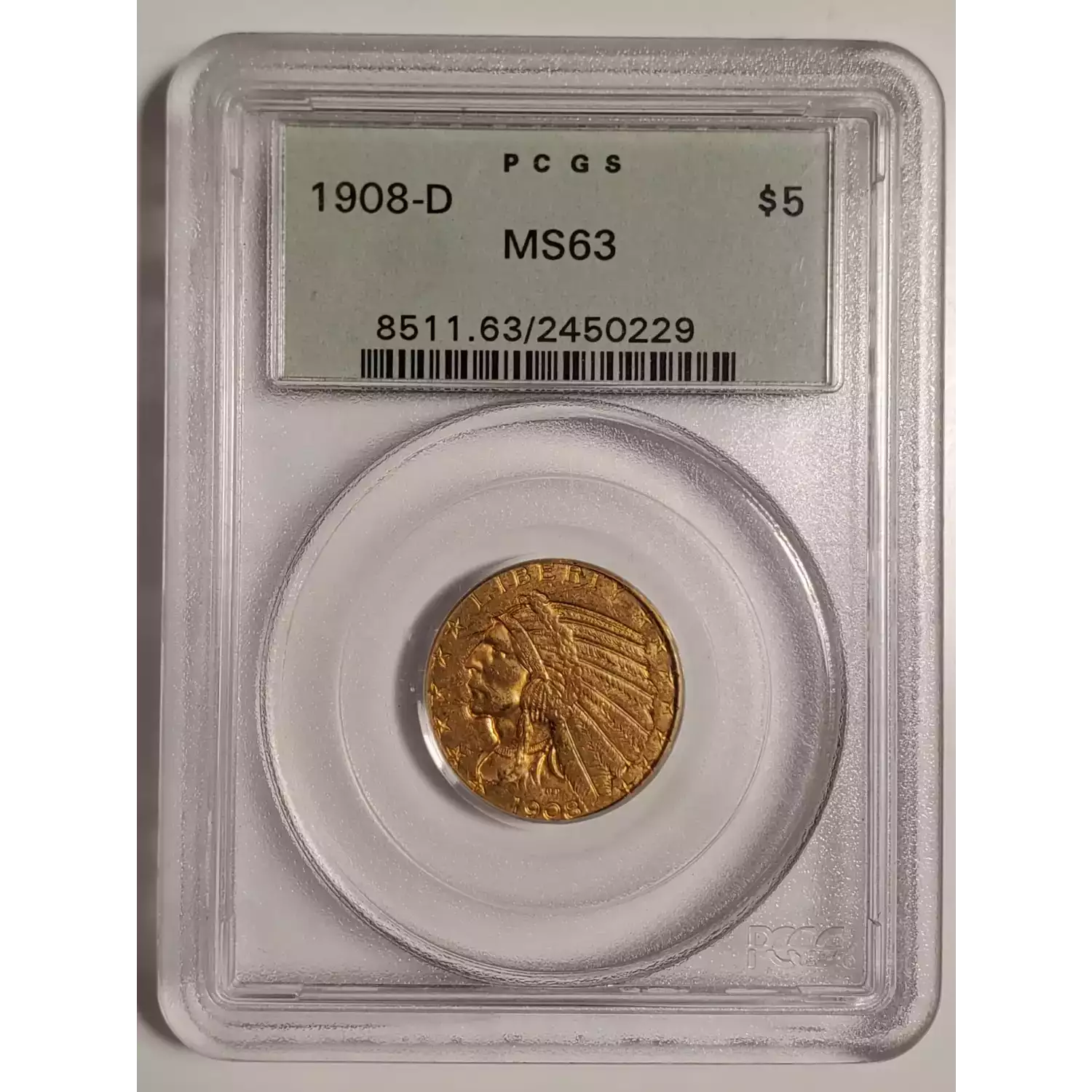 1908-D Gold Half Eagles $5 Indian Head PCGS MS-63 (OGH - Old Green Holder) - Bob Paul Rare Coins