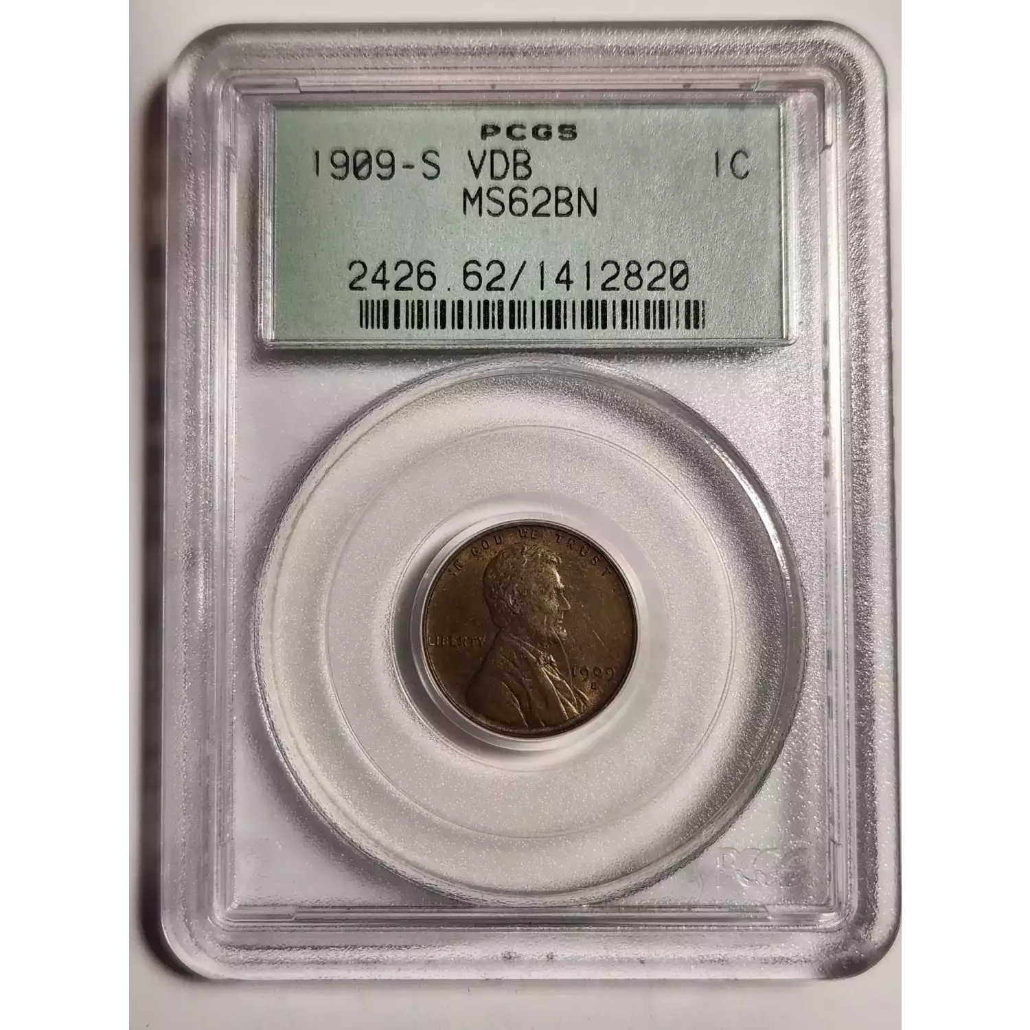 1909-S VDB Small Cents Lincoln, Wheat Ears Reverse PCGS MS-62 BN - OLD GREEN HOLDER - OGH - Bob ...