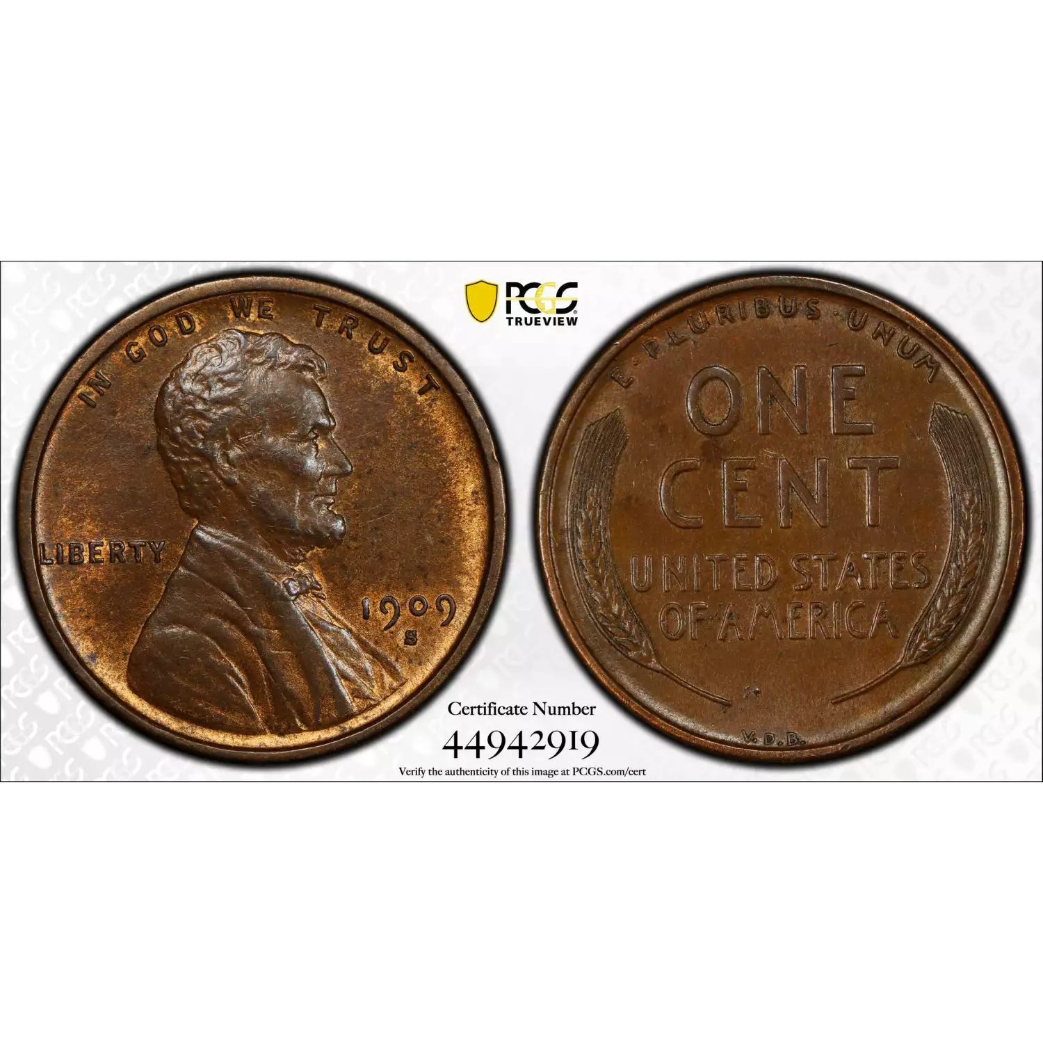 1909-S Small Cents Lincoln, Wheat Ears Reverse PCGS AU-58 BN CAC - Bob Paul Rare Coins