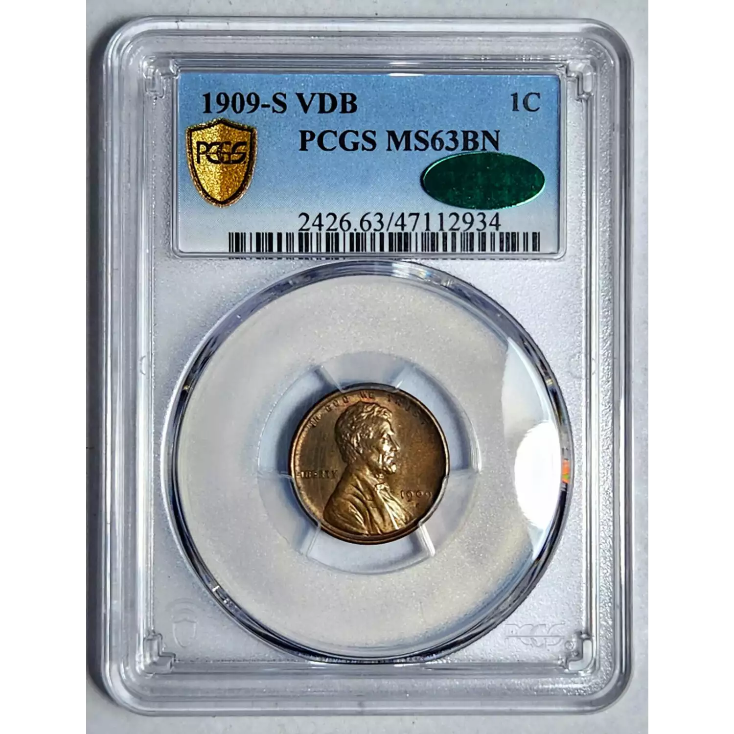 1909-S Small Cents Lincoln, Wheat Ears Reverse PCGS MS-63 BN - VDB - CAC - Bob Paul Rare Coins
