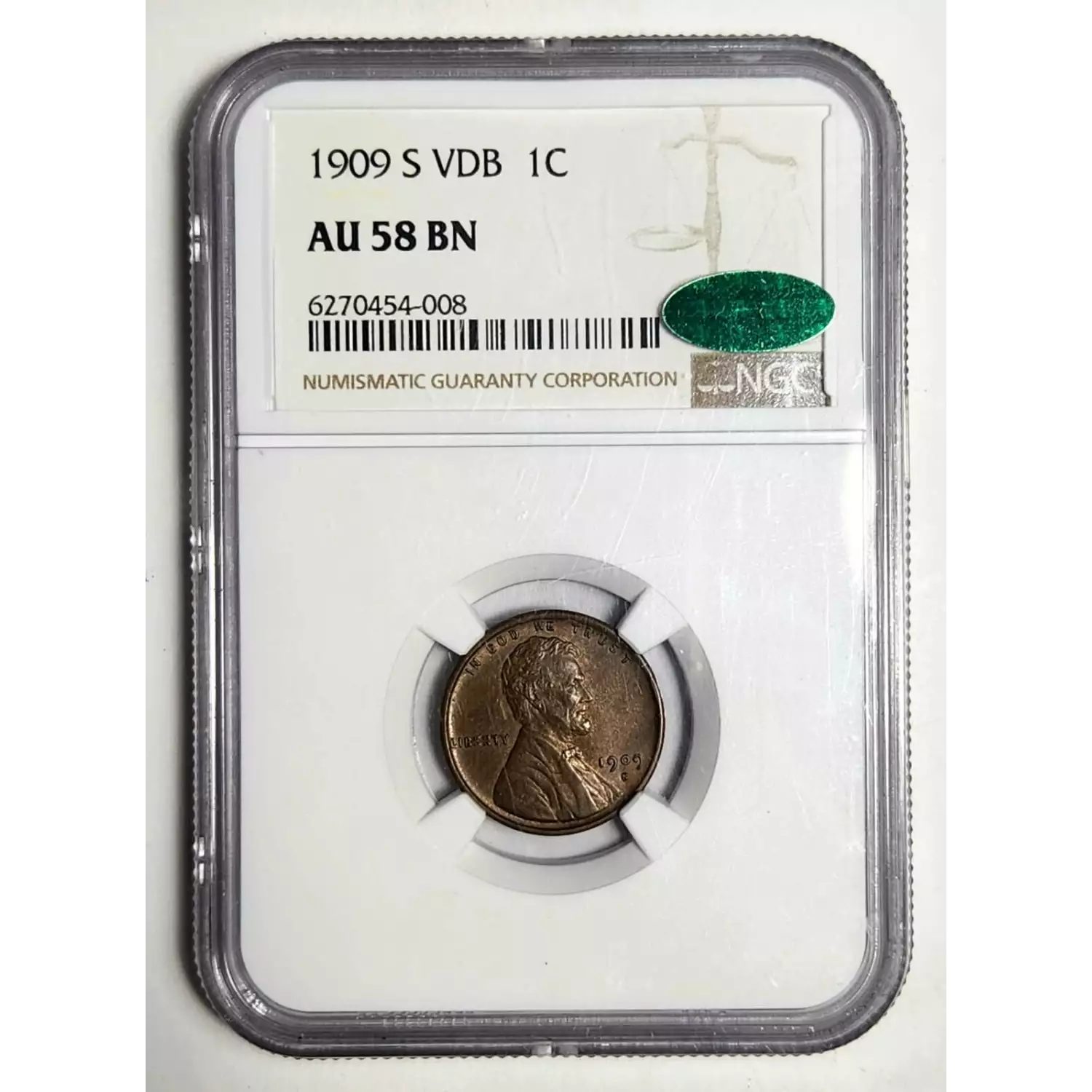 1909-S VDB Small Cents Lincoln, Wheat Ears Reverse NGC AU-58 BN CAC - Bob Paul Rare Coins