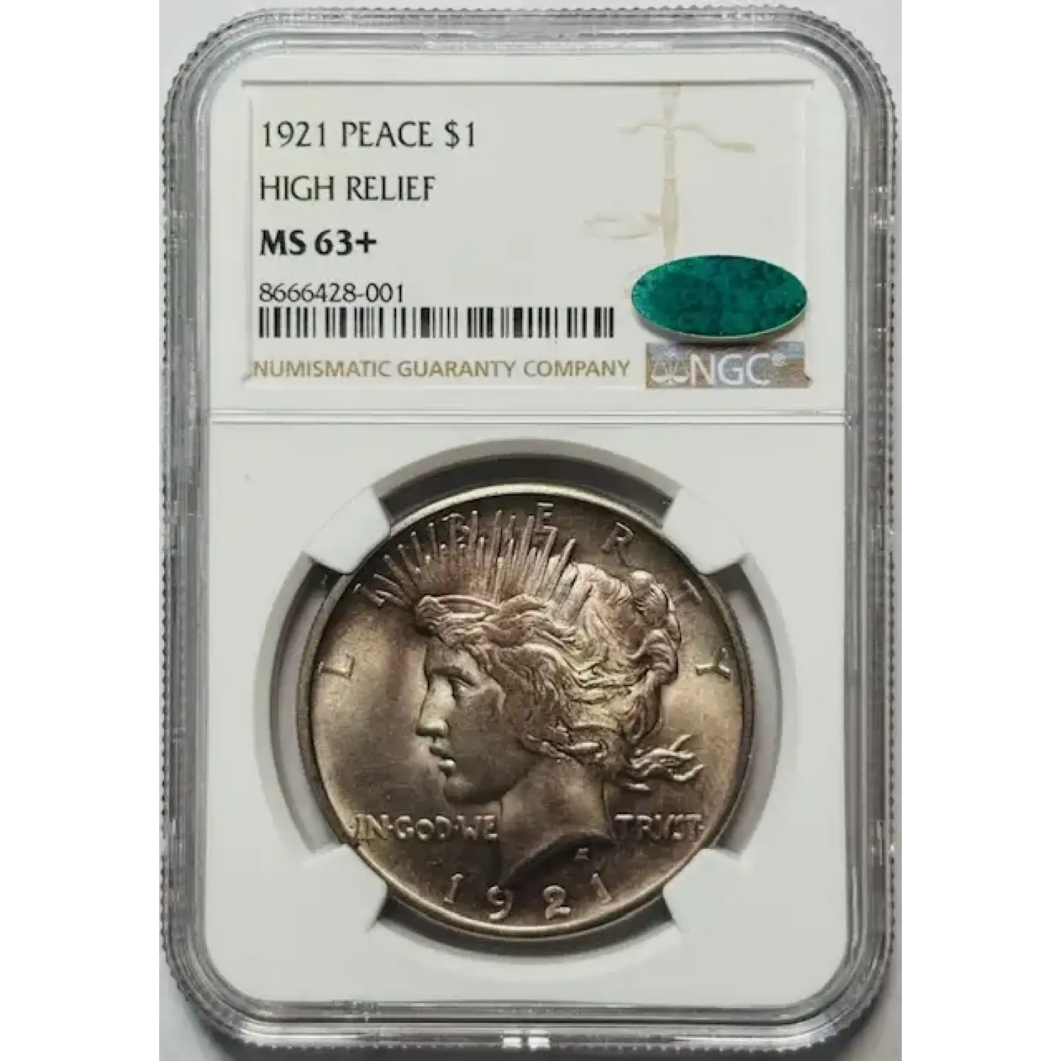 1921 Peace Dollar NGC MS-63+ HIGH RELIEF Low CAC Pop! CAC - Bob Paul Rare Coins