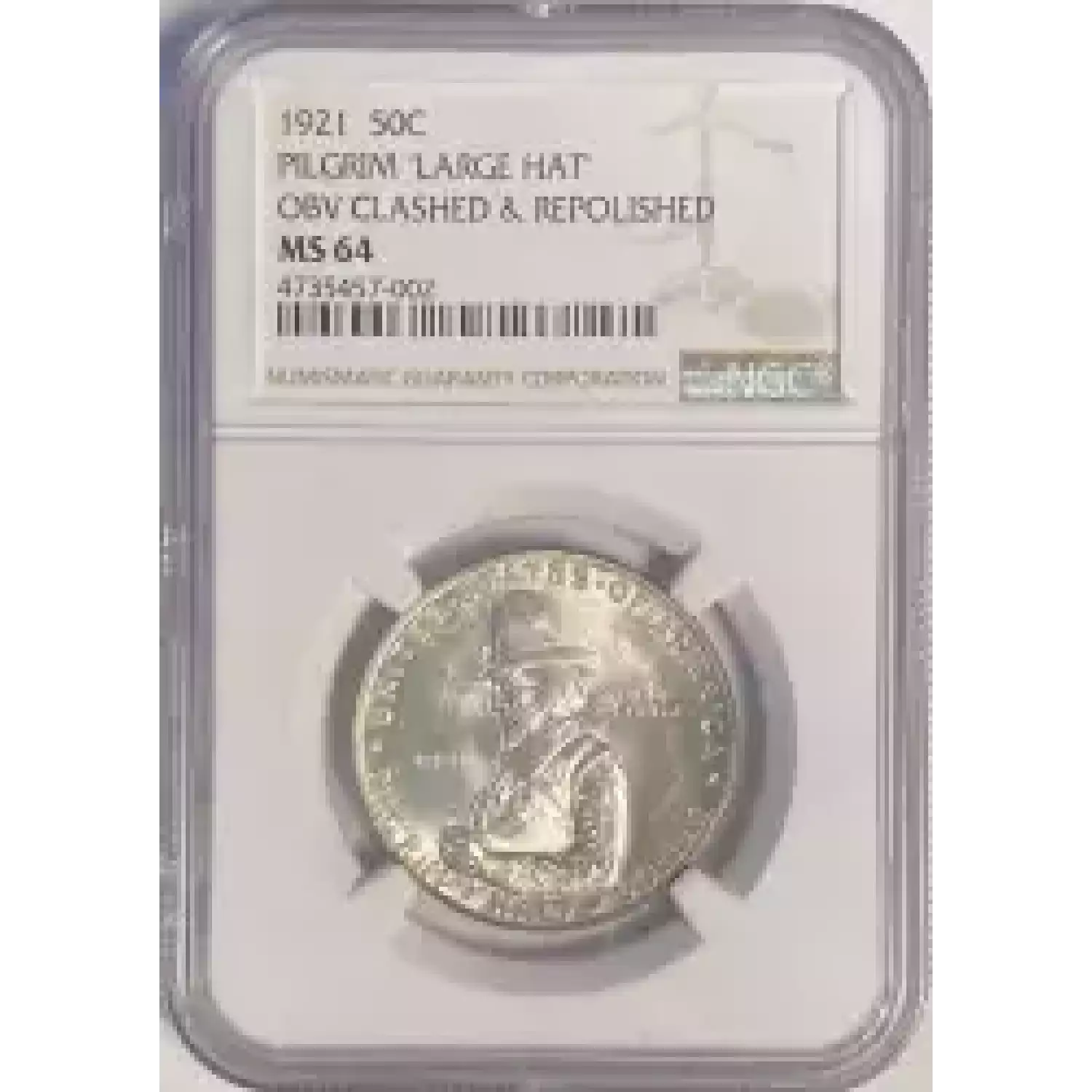 1921 Classic Commemorative Pilgrim Tercentenary NGC MS-64 PILGRIM ""LARGE HAT"" OBV CLASHED ...