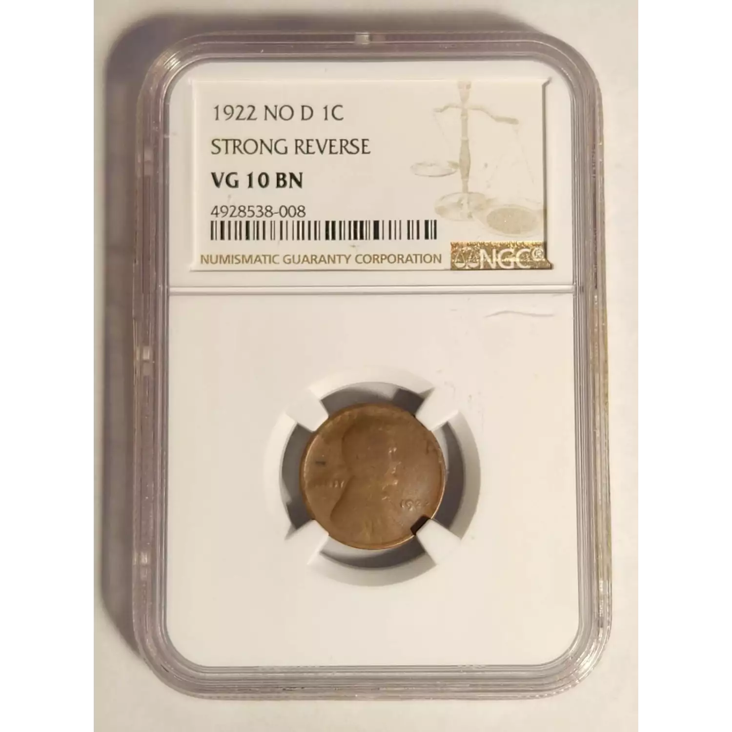 1922-No D Small Cents Lincoln, Wheat Ears Reverse NGC VG-10 BN STRONG REVERSE - Bob Paul Rare Coins