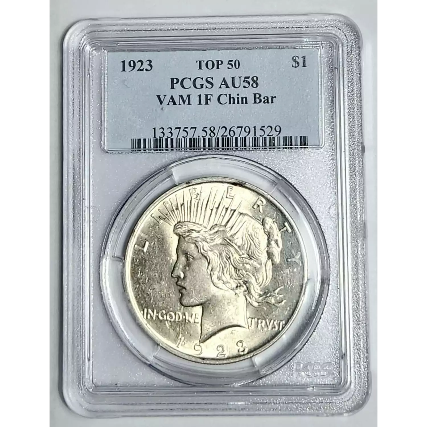 1923 Peace Dollar PCGS AU-58 VAM 1F - CHIN BAR - TOP 50 - Bob Paul Rare Coins
